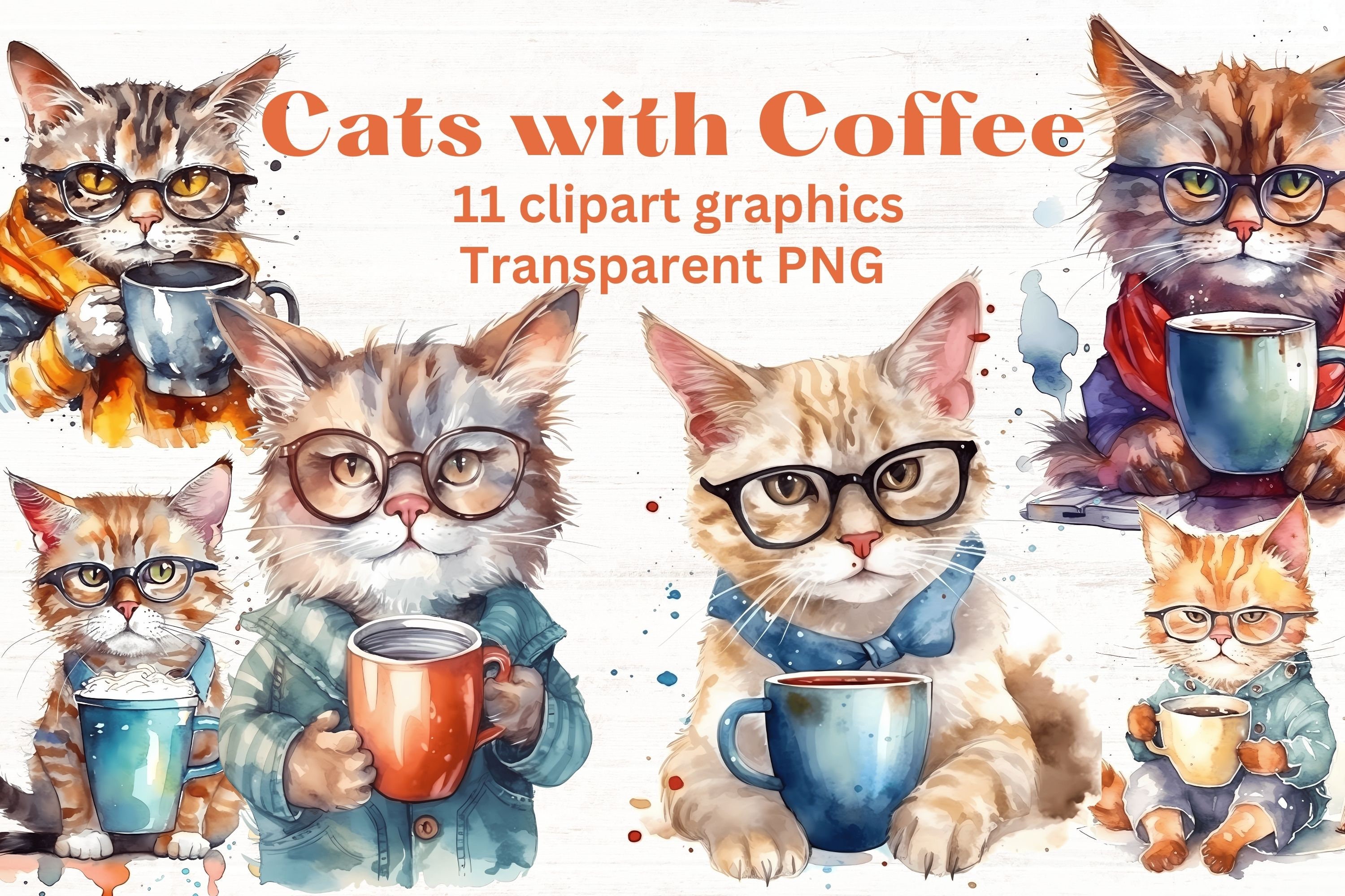CATS With COFFEE Clipart Set, 11 Clip Art Images, Transparent Png Files ...