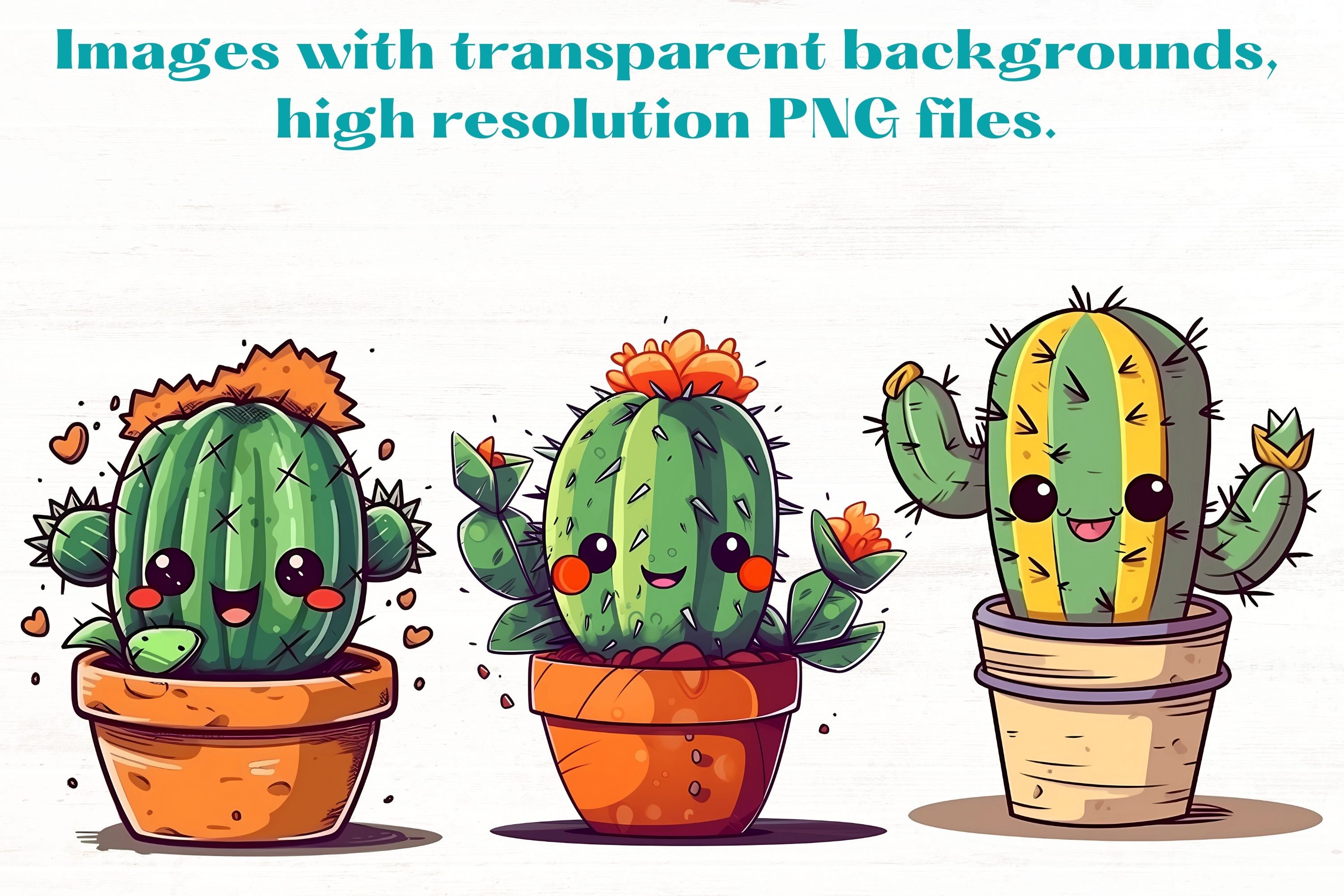 CUTE HAPPY CACTUS Cartoon Clipart Set, 12 Clip Art Images, Transparent ...
