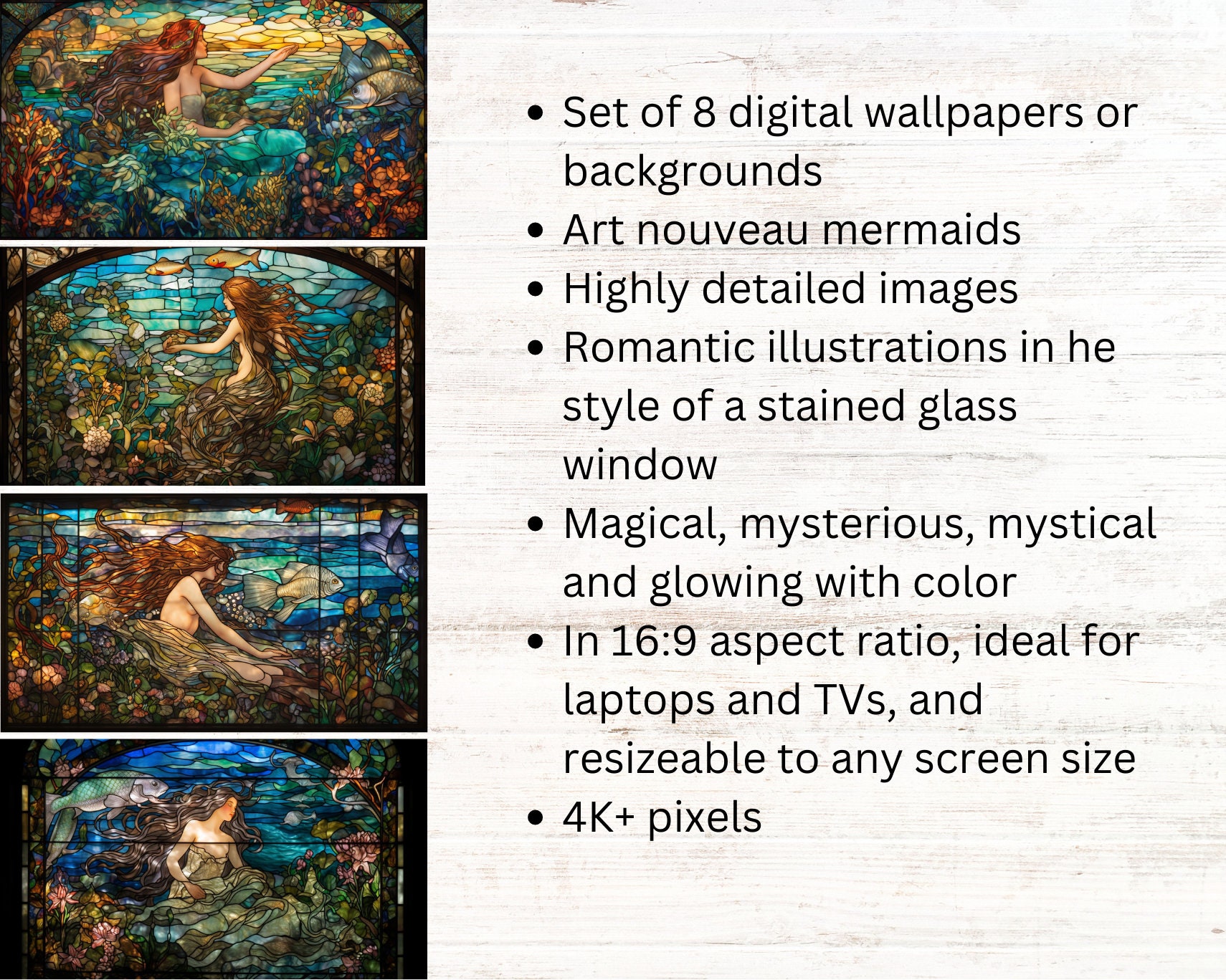 Set of 8 Stained Glass Mermaids Digital Wallpapers or Backgrounds 16:9 ...