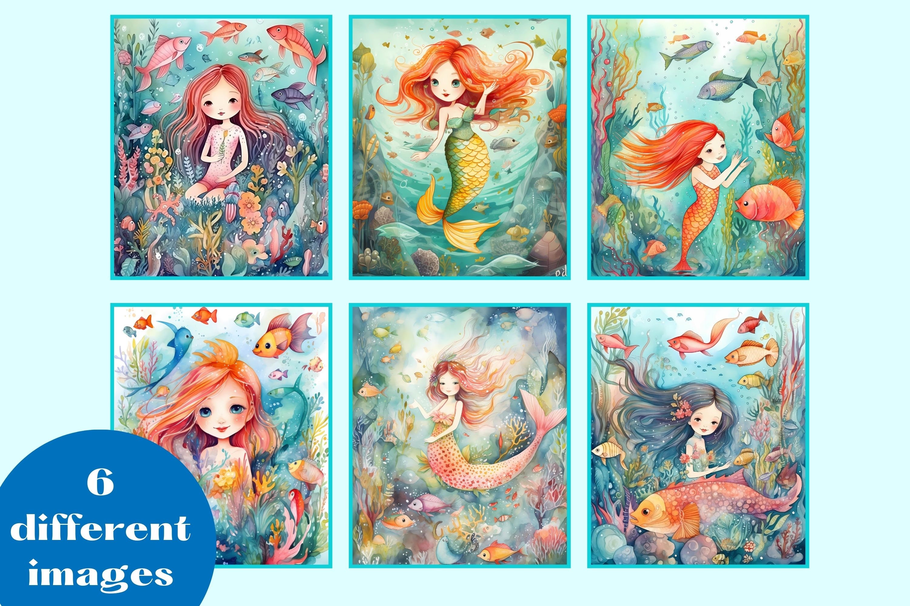 Mermaids and Coral Reef Full Page Color Wall Art, 6 Printable Mermaids ...