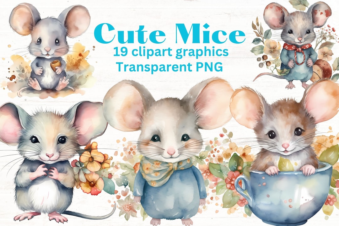 Cute MICE Clipart Set, 19 Clip Art Images, Transparent Png Files, Watercolor Illustrations ...