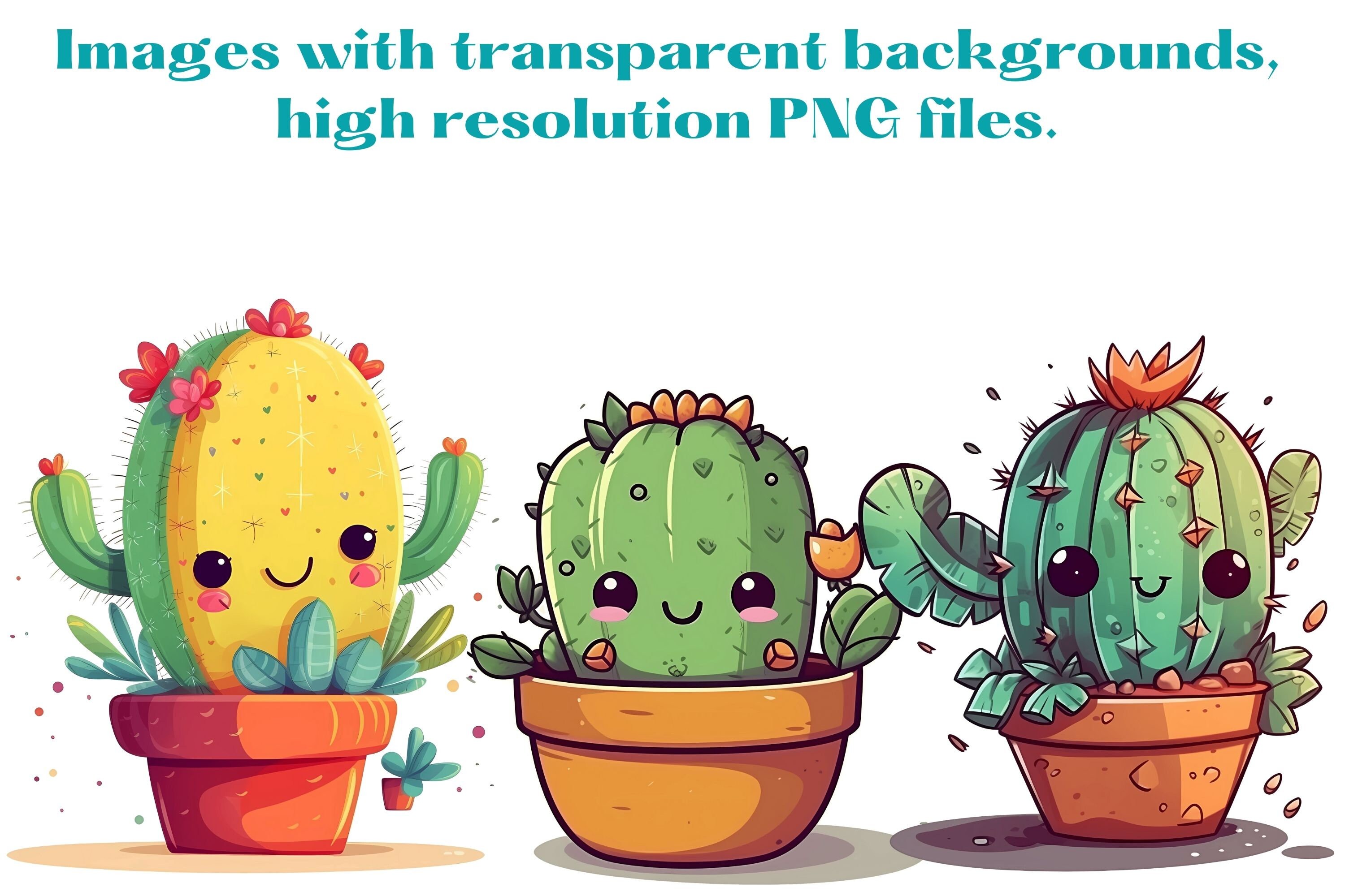 CUTE HAPPY CACTUS Cartoon Clipart Set, 12 Clip Art Images, Transparent ...