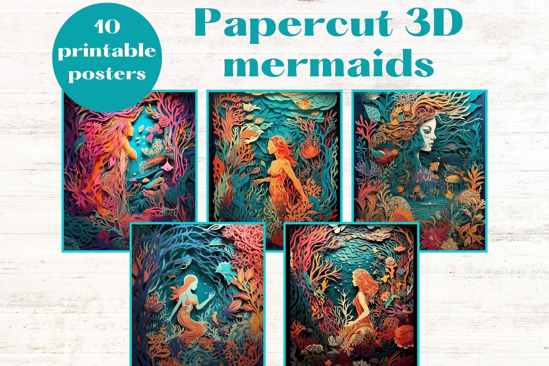 PAPERCUT 3d MERMAIDS Full Page Color Wall Art, 10 Printable Posters ...