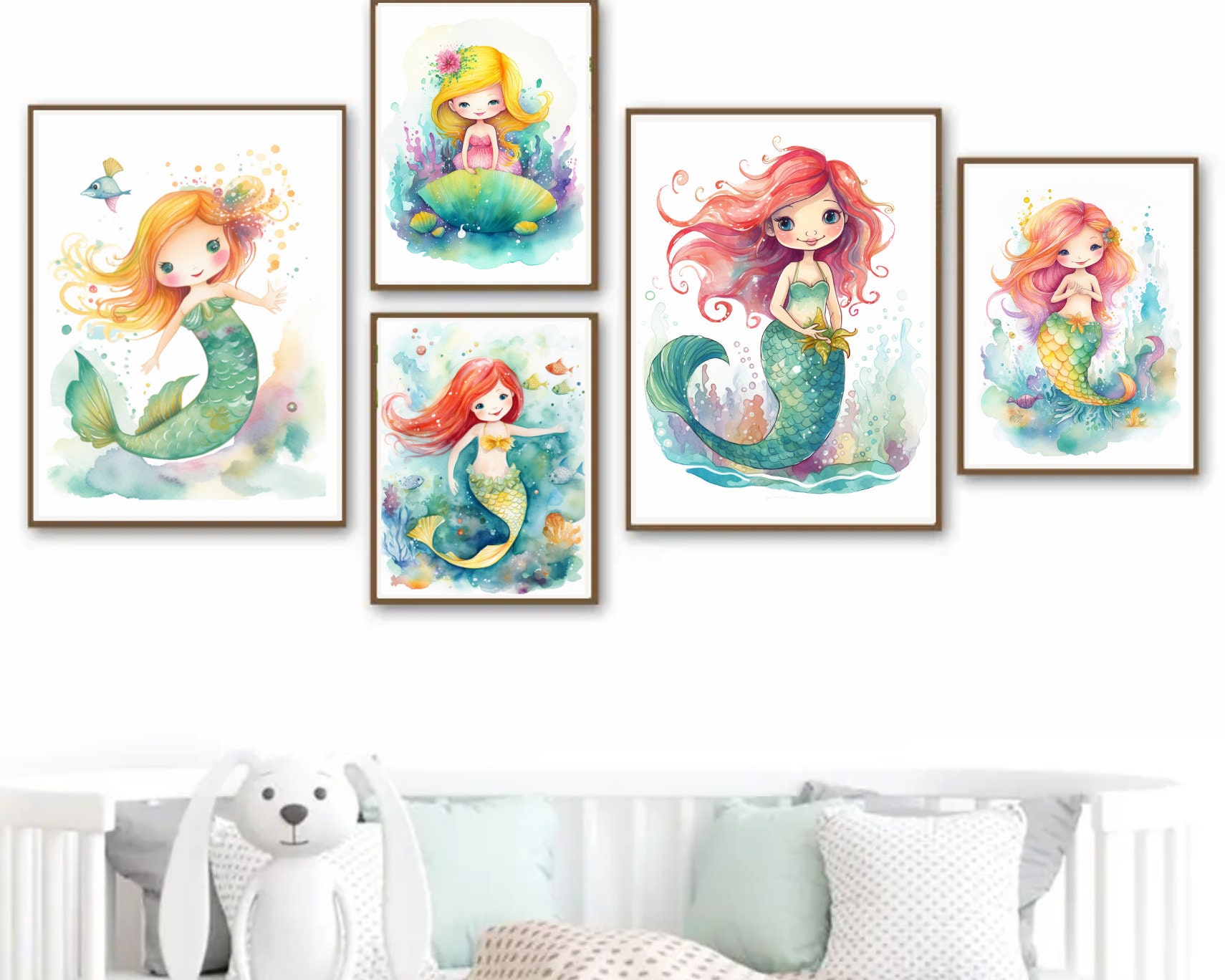 Pastel Mermaids Cute Printable Posters X 6, Nursery Pictures for Kids ...