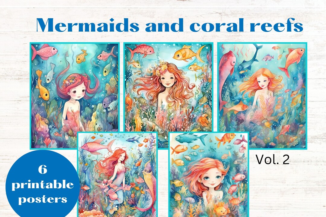 Mermaids and Coral Reef Full Page Color Wall Art, 6 Printable Mermaids ...