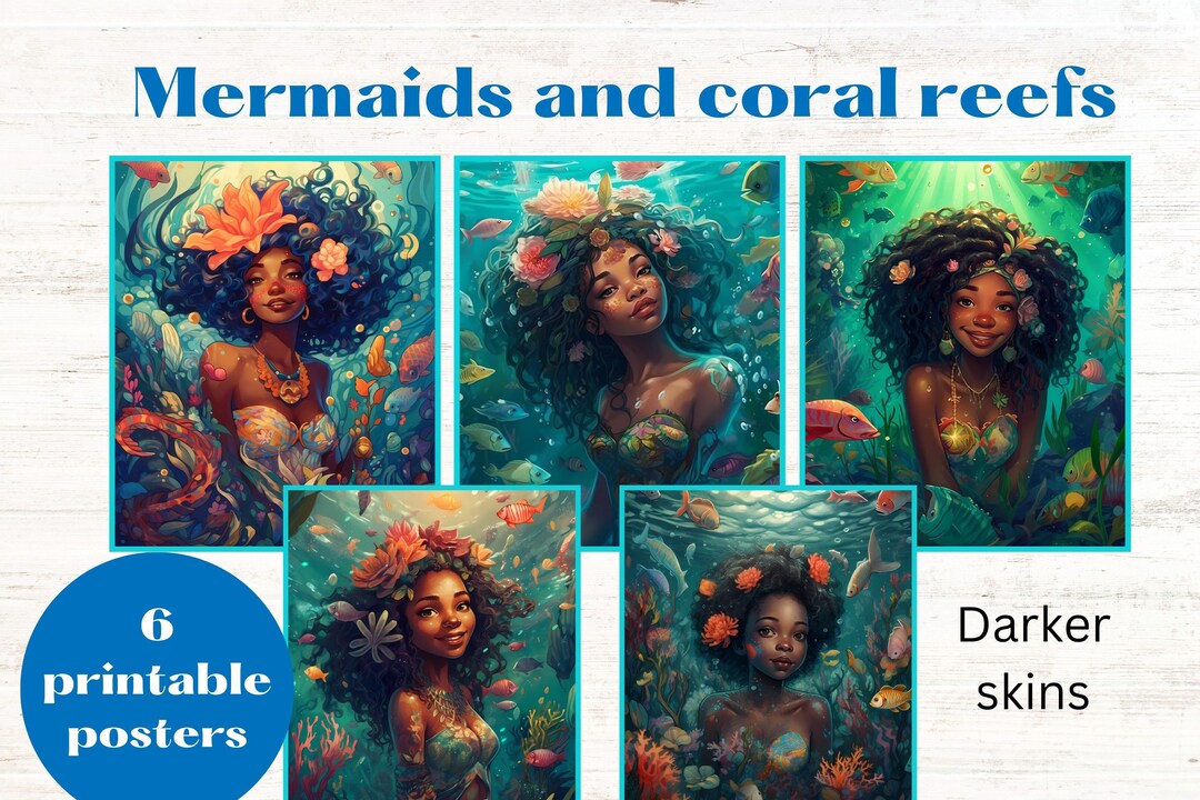 Mermaids and Coral Reef Full Page Color Wall Art, 6 Printable Mermaids ...
