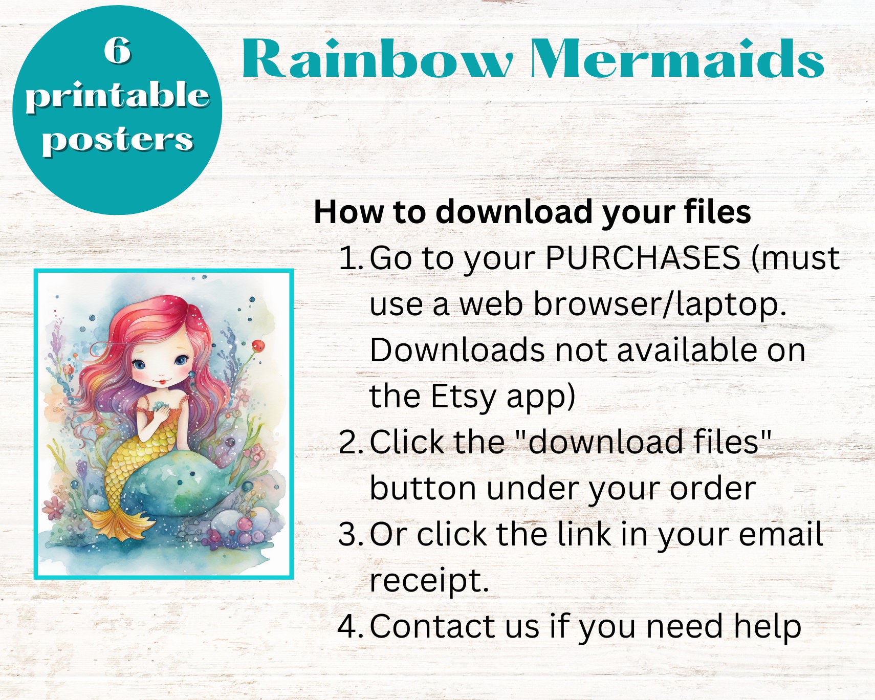 Kids Rainbow Mermaids Printable Posters X6, Nursery Pictures for Kids ...