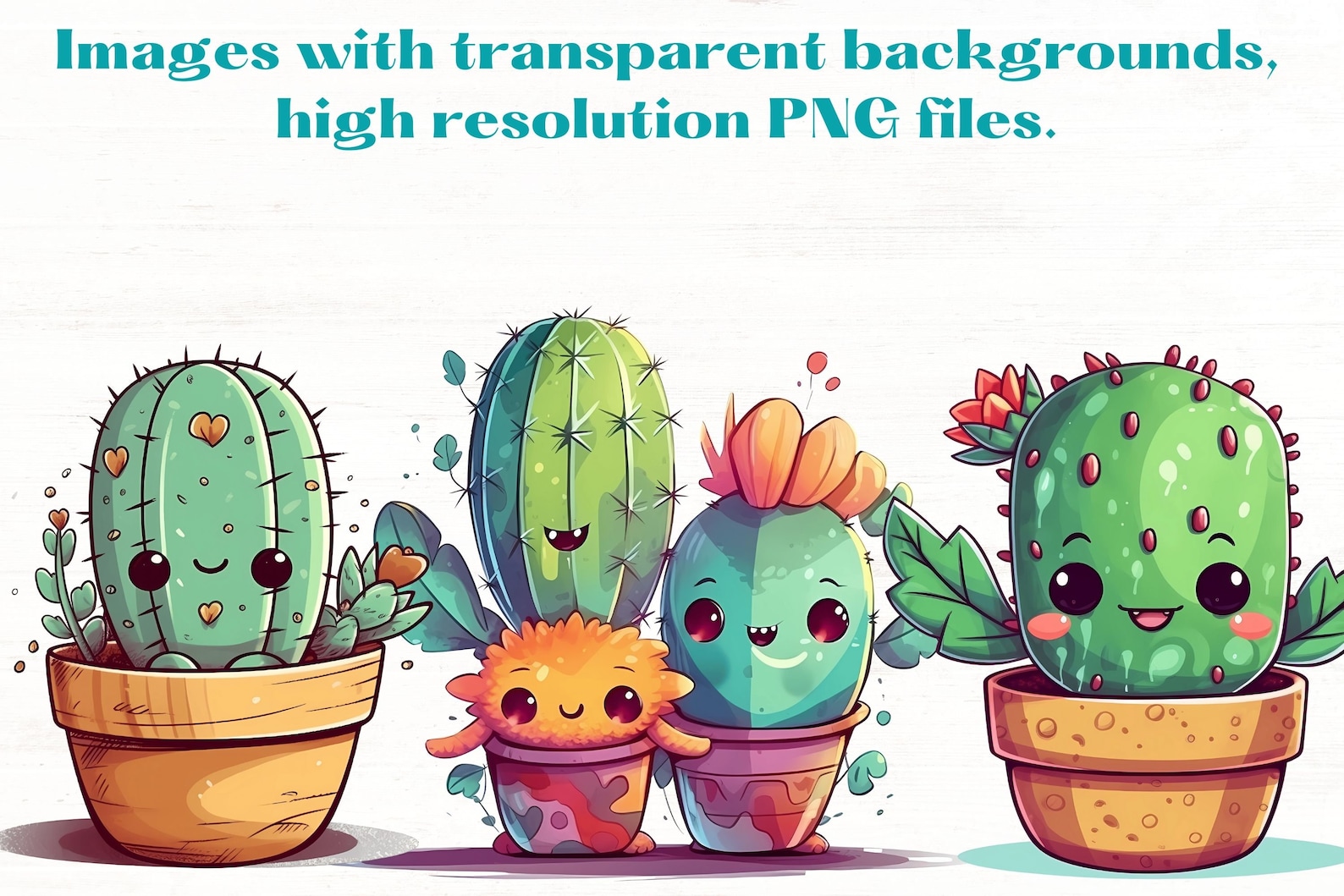 CUTE HAPPY CACTUS Cartoon Clipart Set, 12 Clip Art Images, Transparent ...