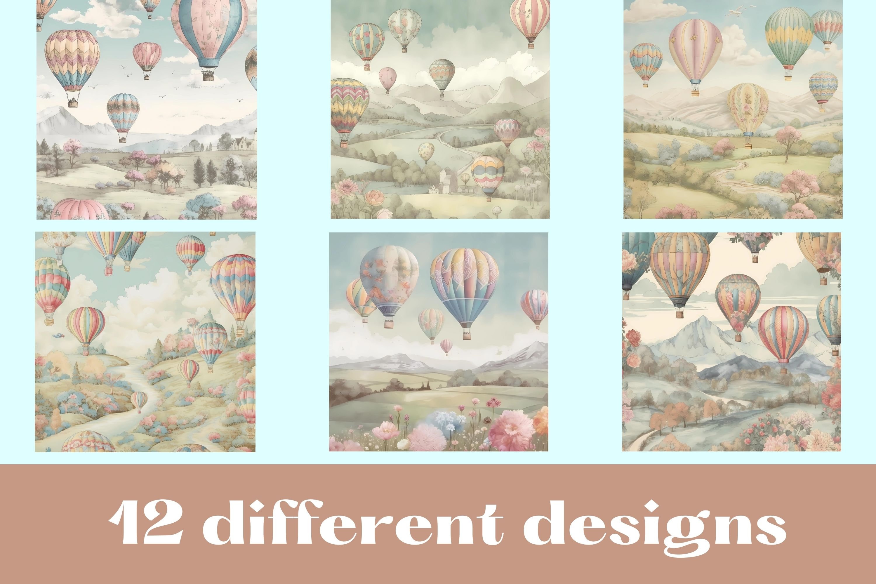 Shabby Chic Hot Air Balloons Digital Papers, Backgrounds, Digital ...