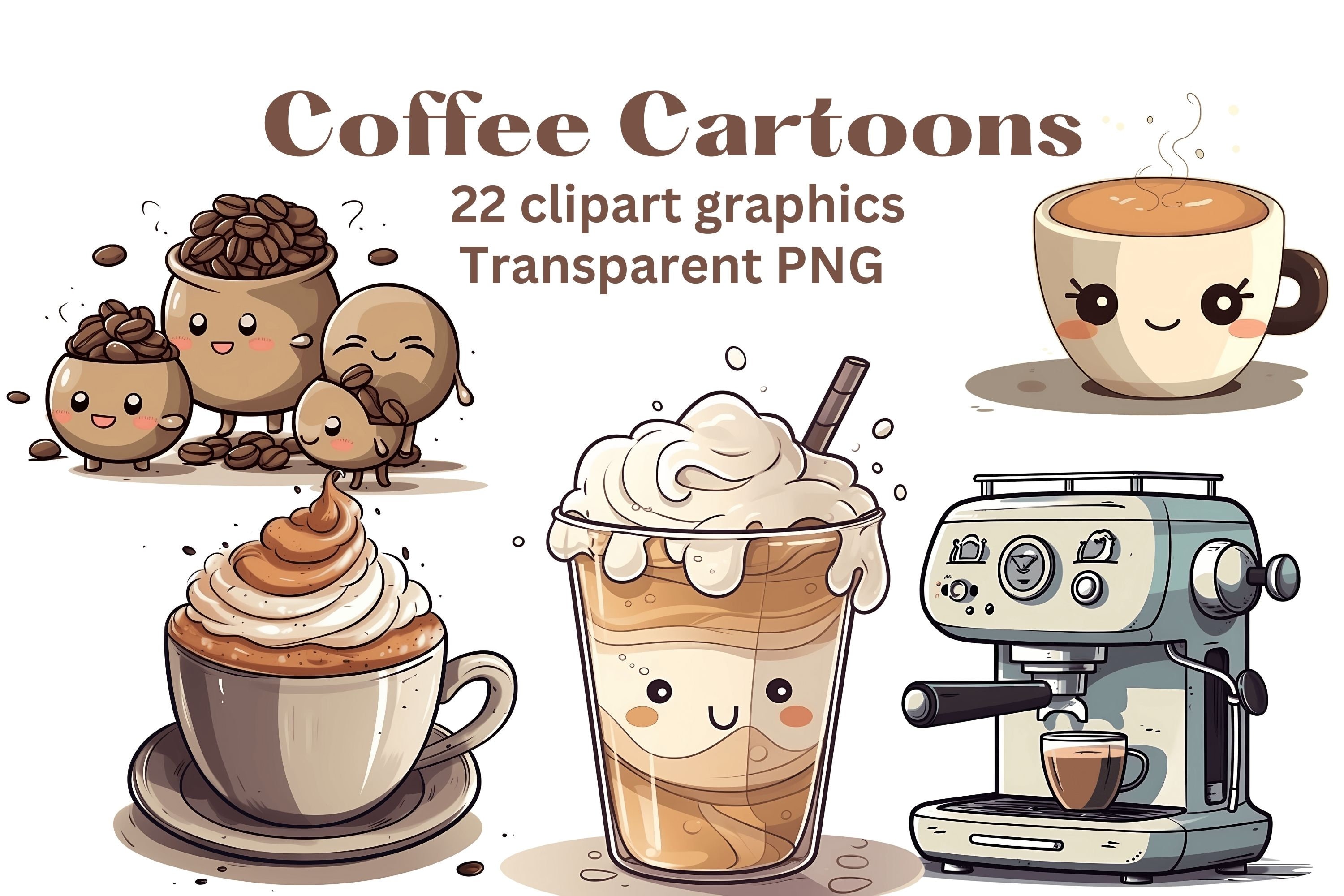 COFFEE LOVER Cartoon Clipart Set, 22 Clip Art Images, Transparent Png ...