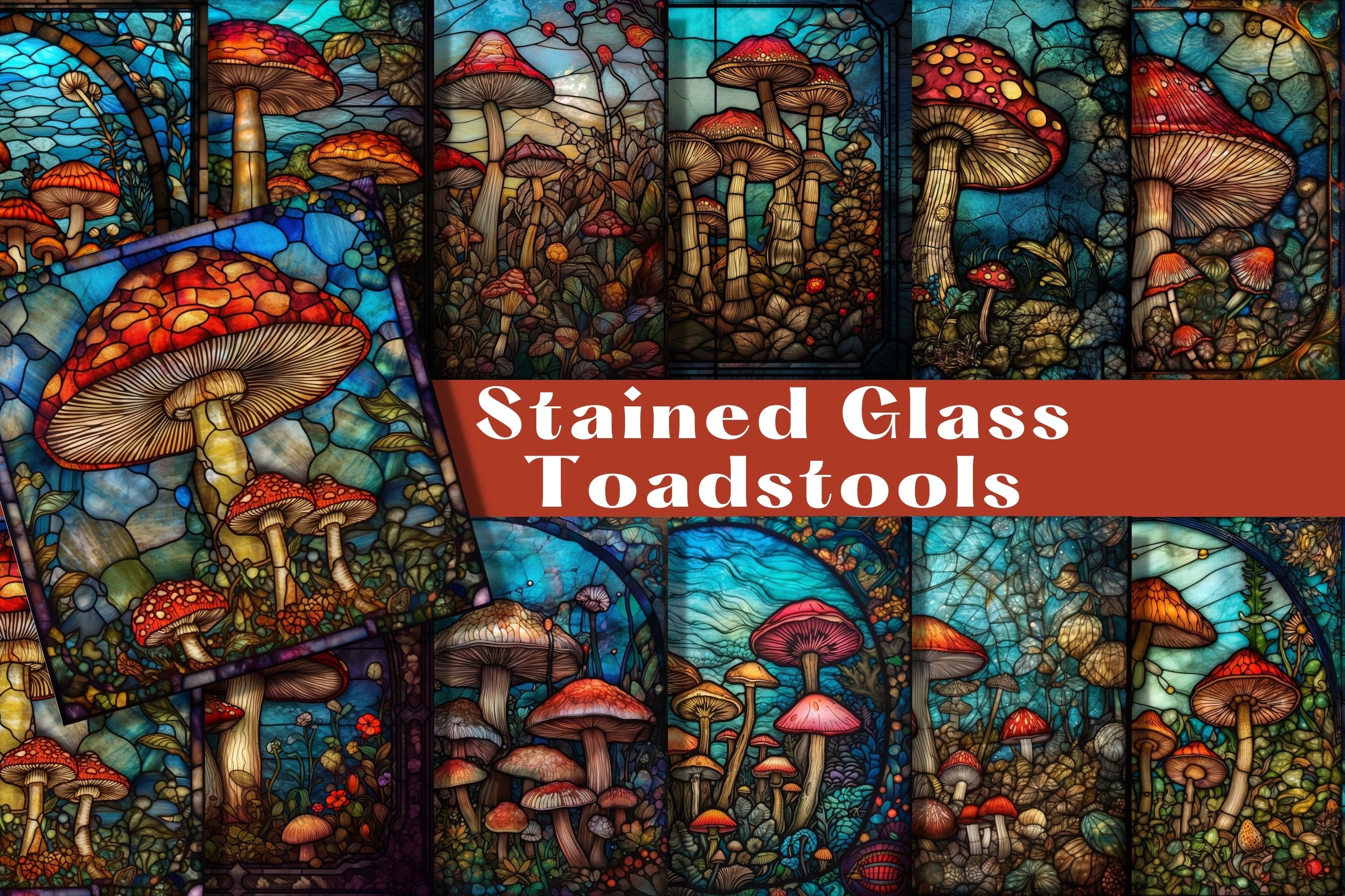 STAINED GLASS TOADSTOOLS Mushrooms Digital Papers, Backgrounds, Digital ...