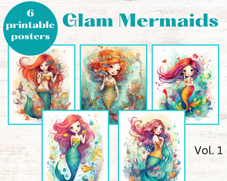Kids Glam Mermaids Printable Posters, Nursery Pictures for Kids, Pretty ...