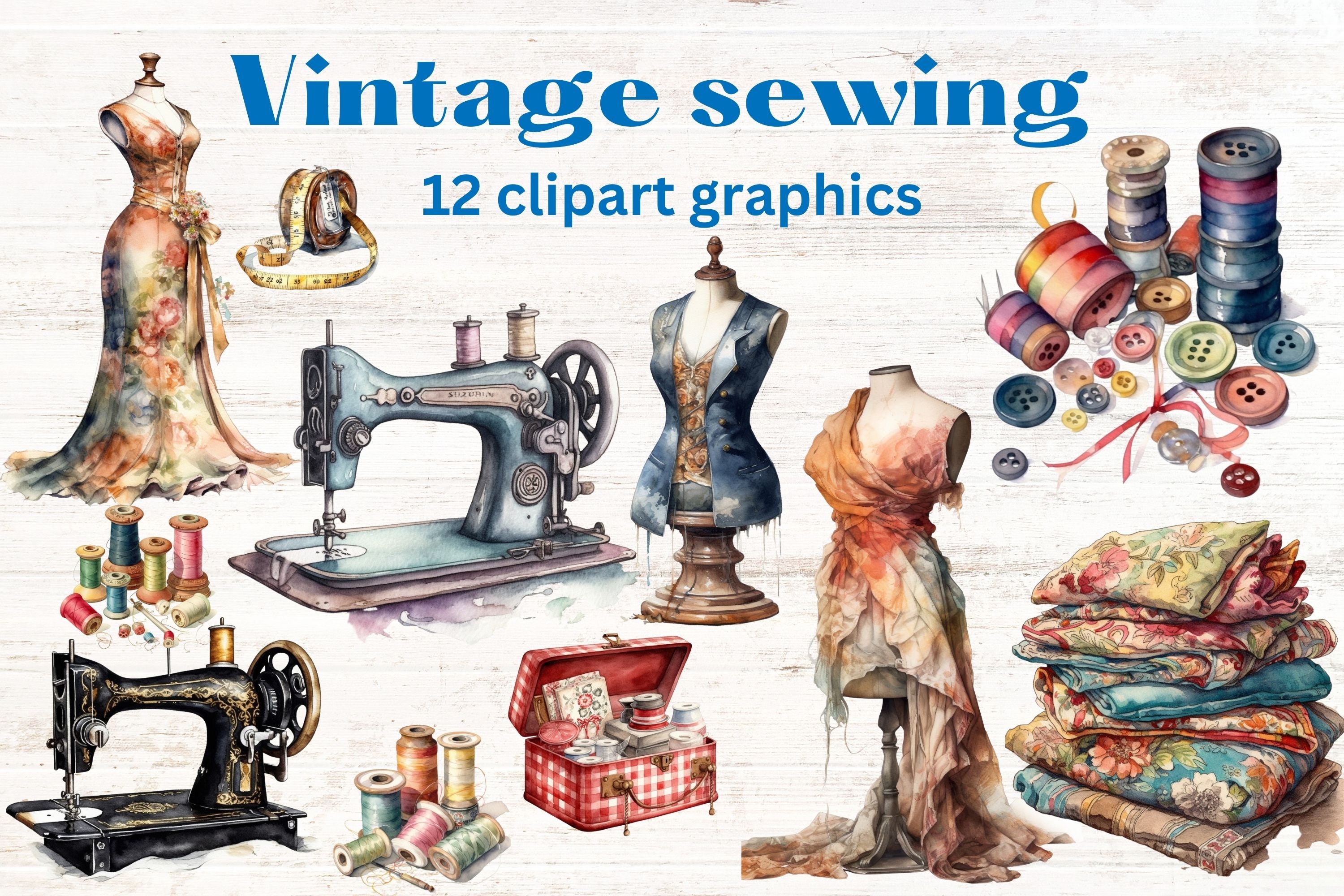 Vintage Sewing Clipart, 12 Clip Art Images, Transparent Png Files ...
