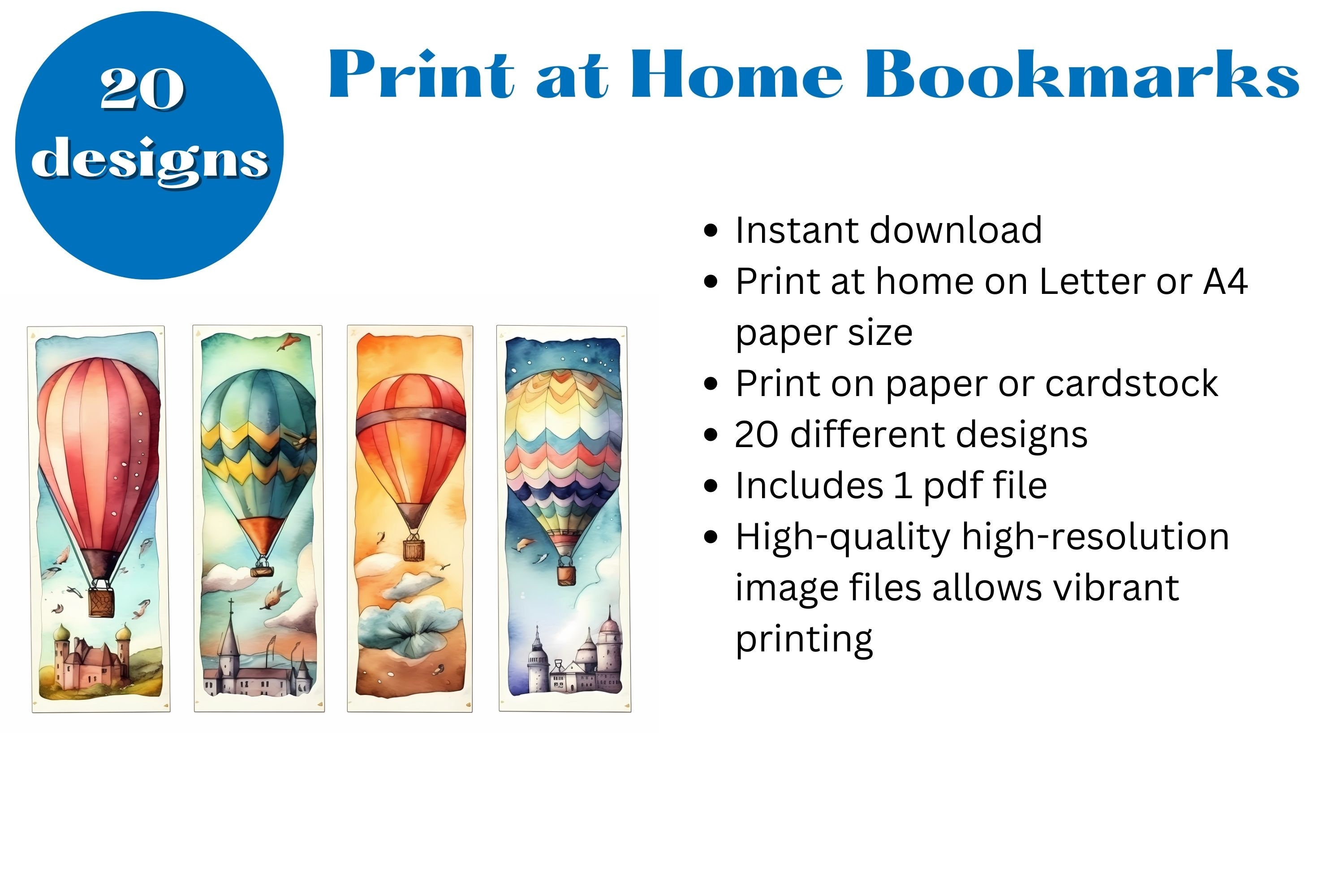 Hot Air Balloons Printable Bookmarks, Kids Bookmarks, Print at Home Book Marks, Watercolor ...