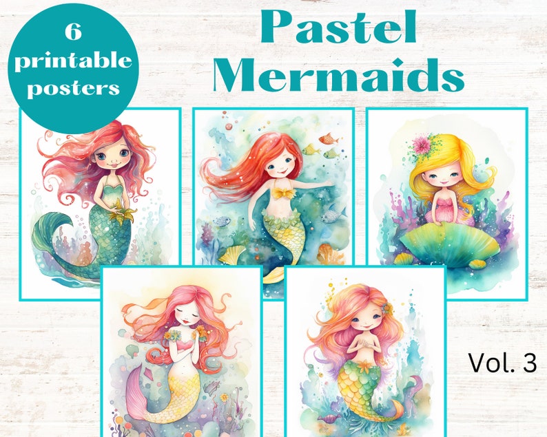 Pastel Mermaids Cute Printable Posters X 6, Nursery Pictures for Kids ...