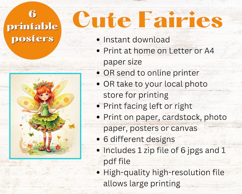Kids Cute Fairies Printable Posters X 6, Nursery Pictures for Kids ...