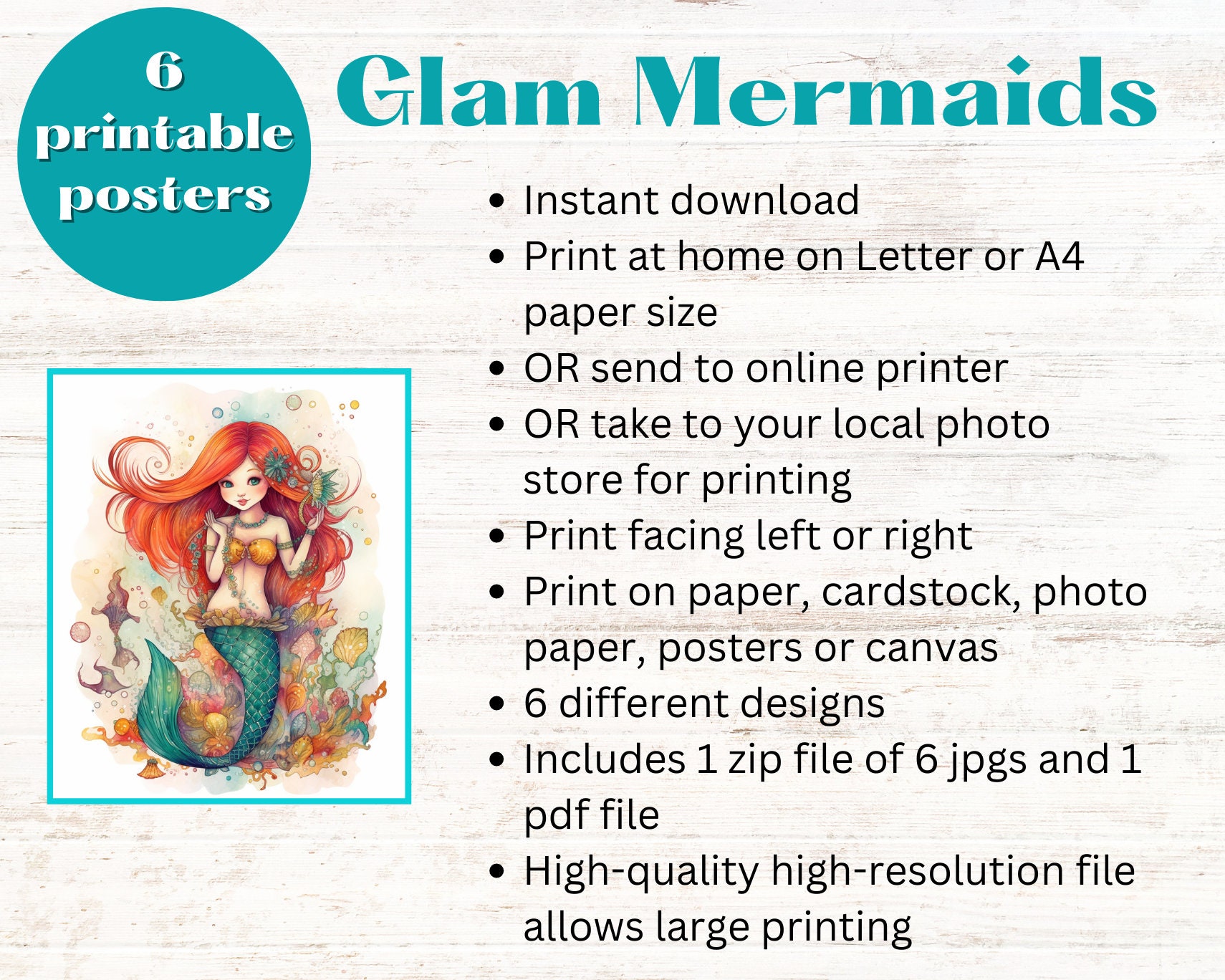 Kids Glam Mermaids Printable Posters, Nursery Pictures for Kids, Pretty ...