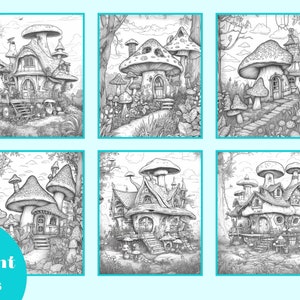 Toadstool Fairy Houses Coloring Pages for Adults, Instant Download ...