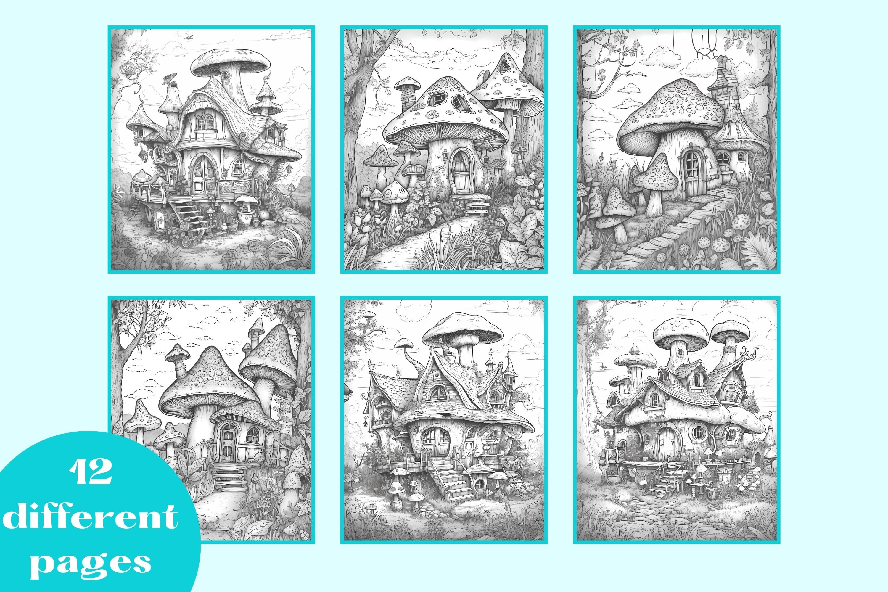Toadstool Fairy Houses Coloring Pages for Adults Instant - Etsy