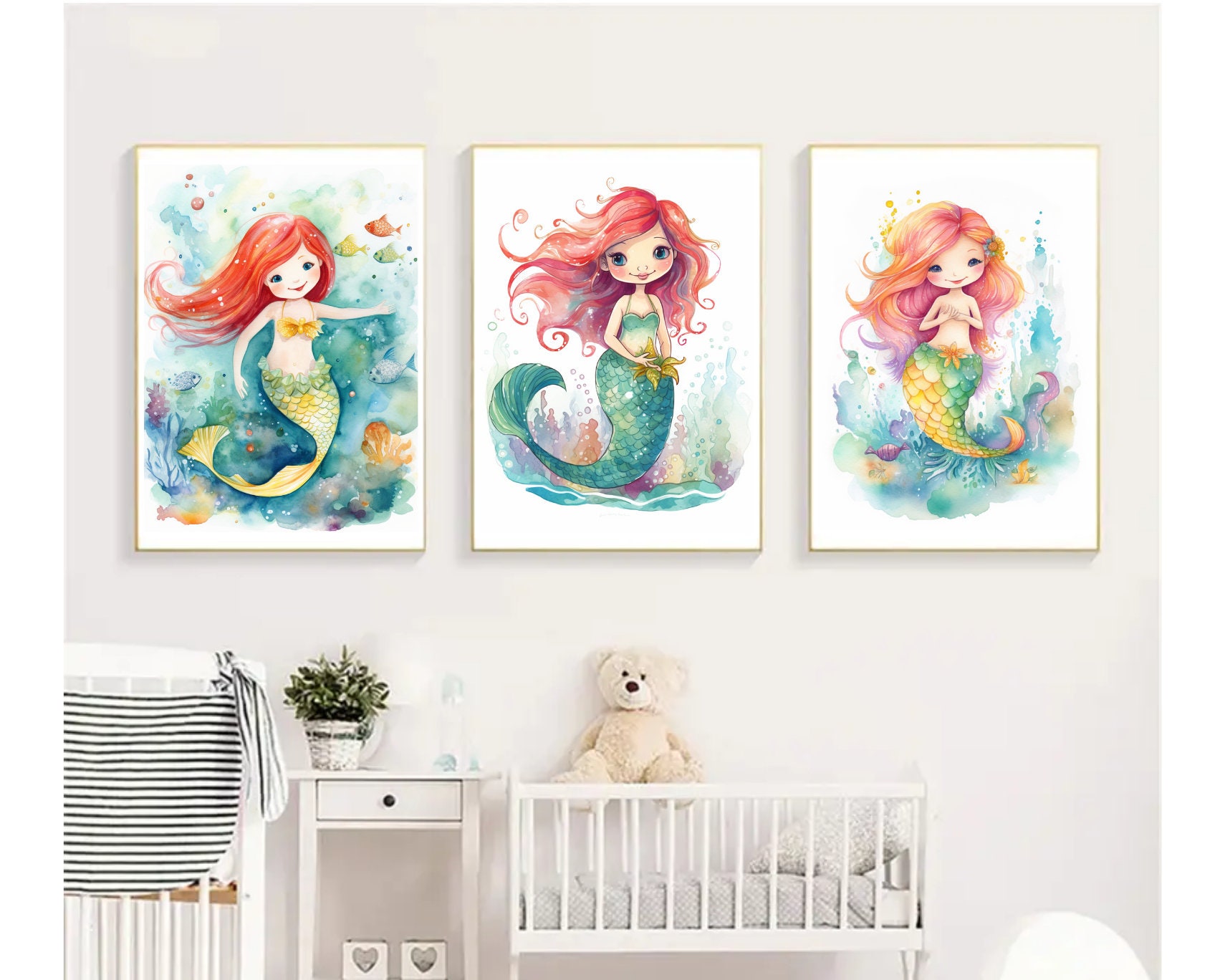 Pastel Mermaids Cute Printable Posters X 6, Nursery Pictures for Kids ...