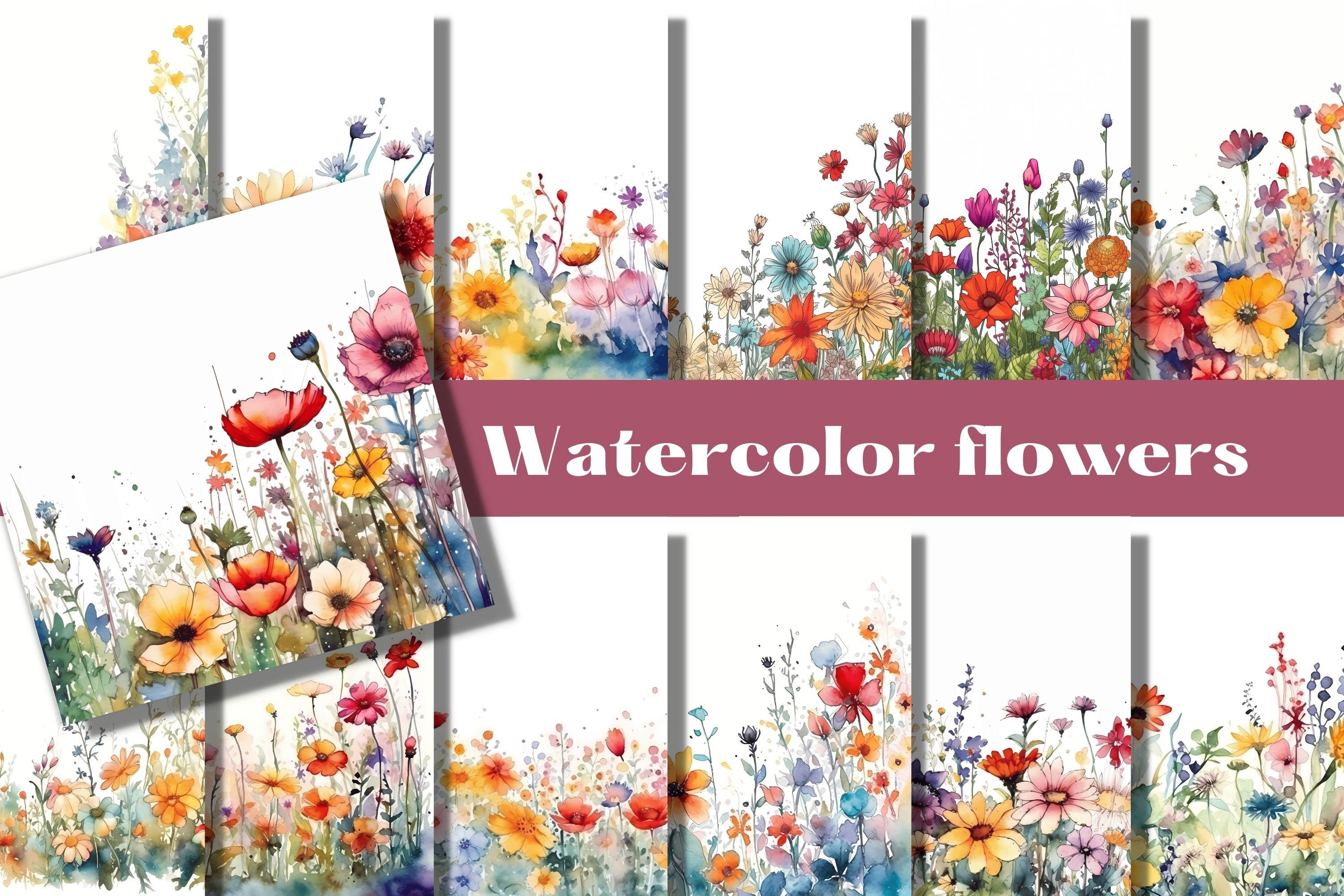 WATERCOLOR FLOWER BORDER Pretty Floral Illustration Digital Papers ...