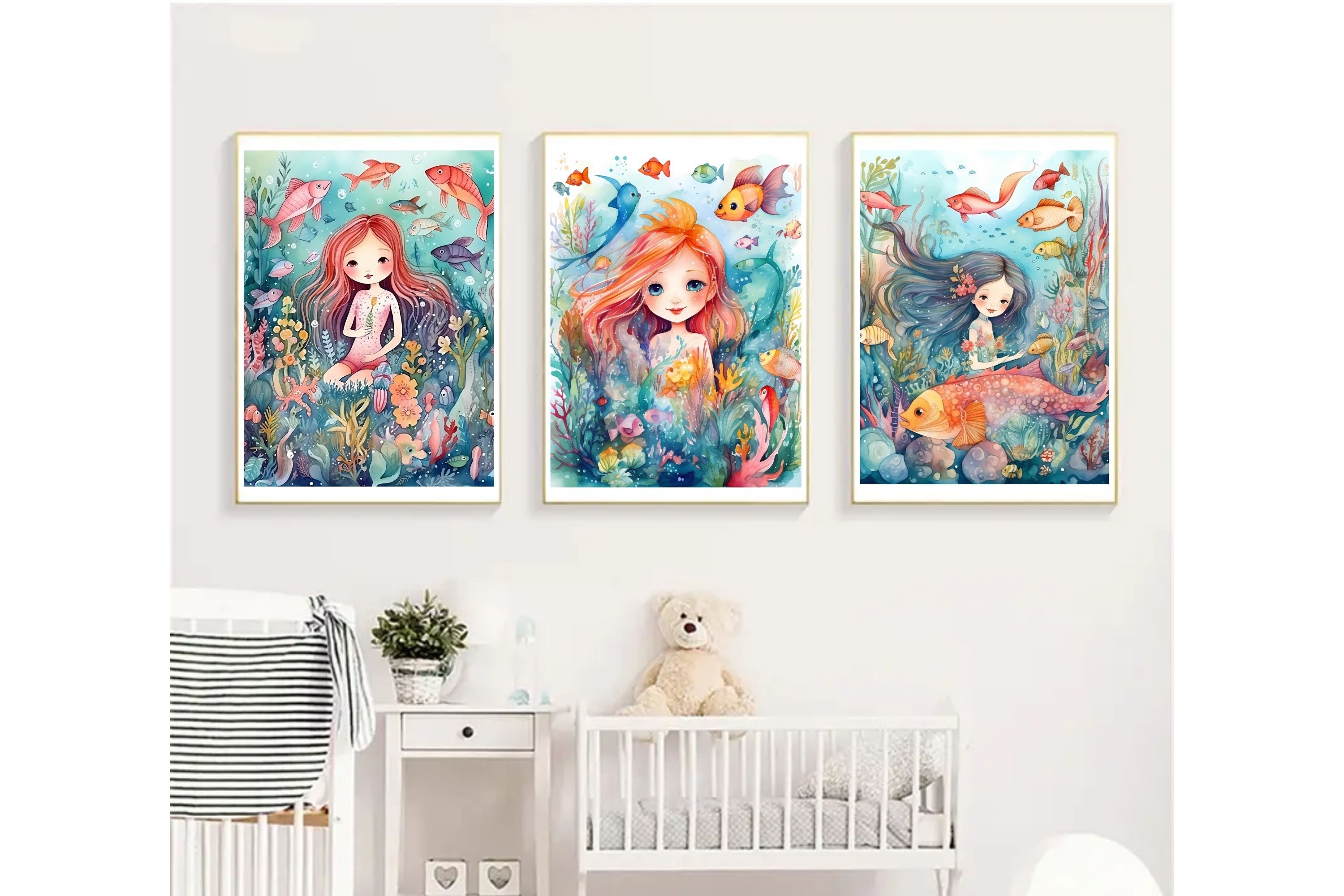 Mermaids and Coral Reef Full Page Color Wall Art, 6 Printable Mermaids ...