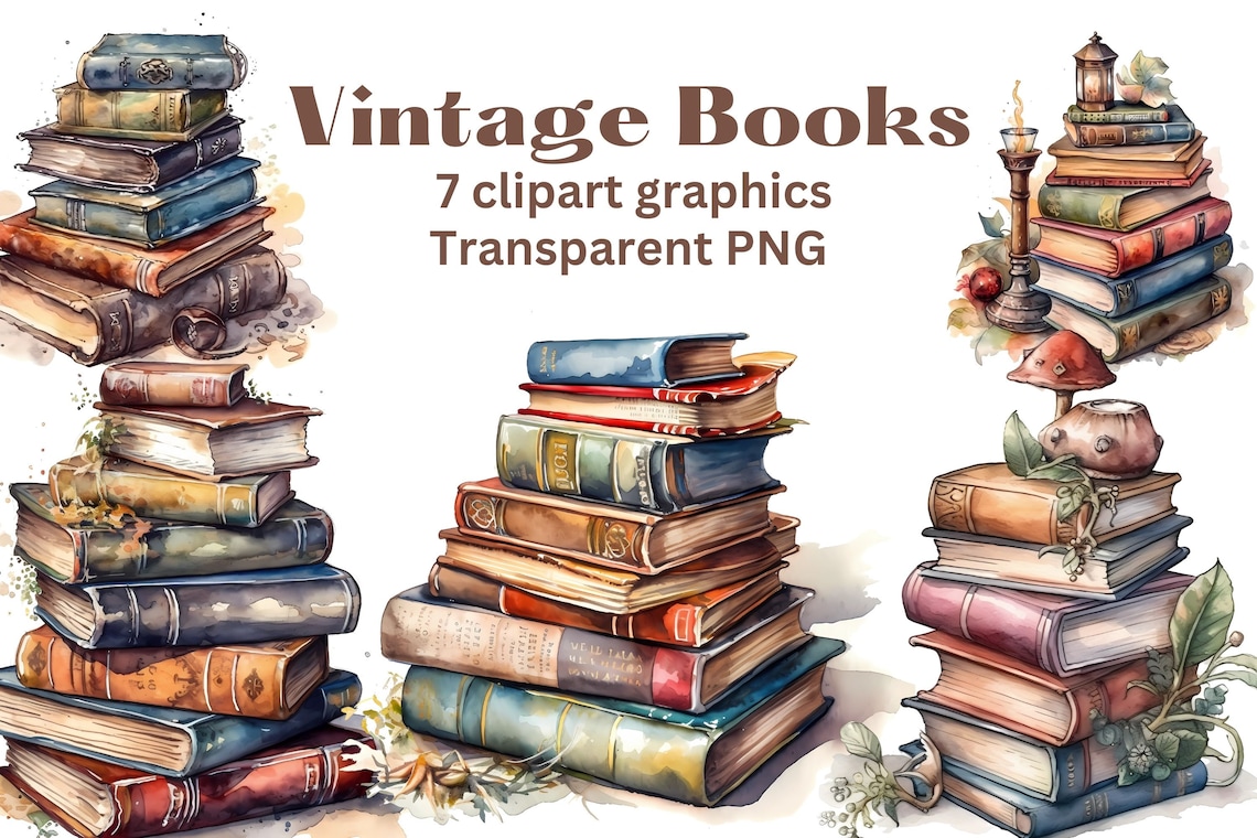 VINTAGE BOOKS Watercolor Clipart Set 7 Clip Art Images - Etsy