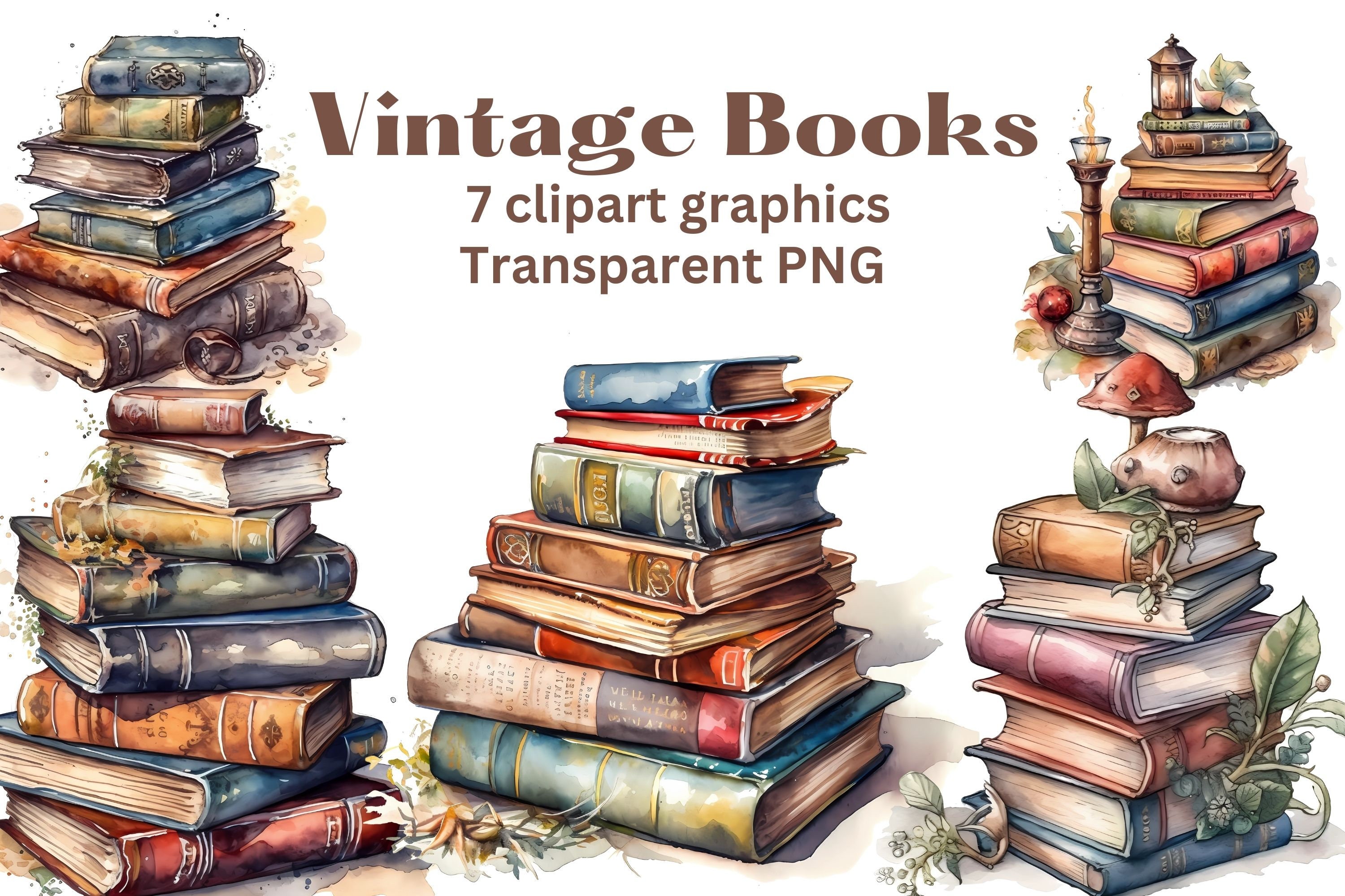 VINTAGE BOOKS Watercolor Clipart Set, 7 Clip Art Images, Transparent ...