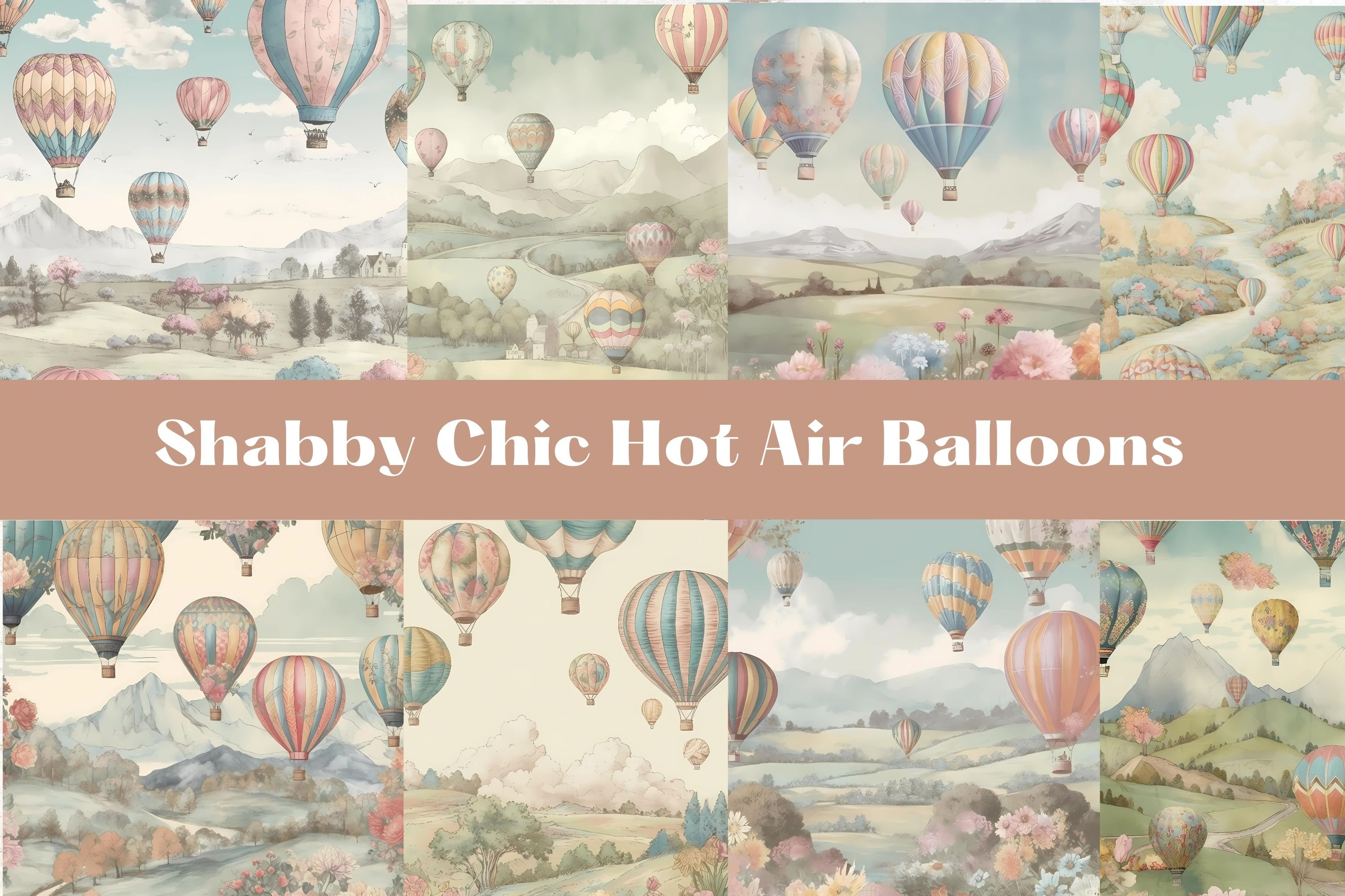 Shabby Chic Hot Air Balloons Digital Papers, Backgrounds, Digital ...