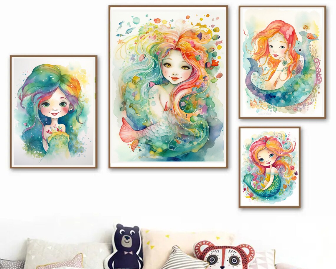 Mermaid Portraits Cute Printable Posters X6, Nursery Pictures for Kids ...