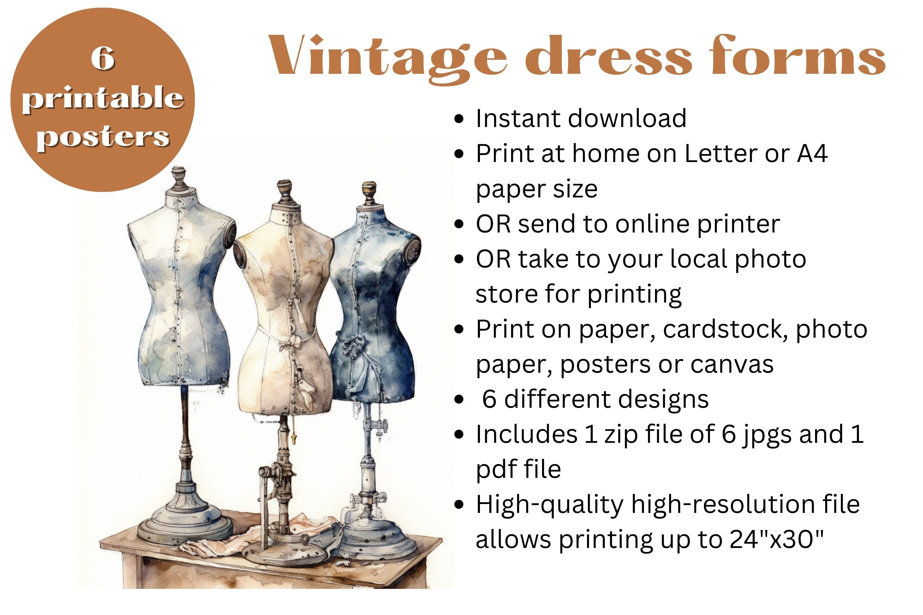 Vintage Dress Forms Sewing Room Poster Set of 6 Printable Wall Art ...
