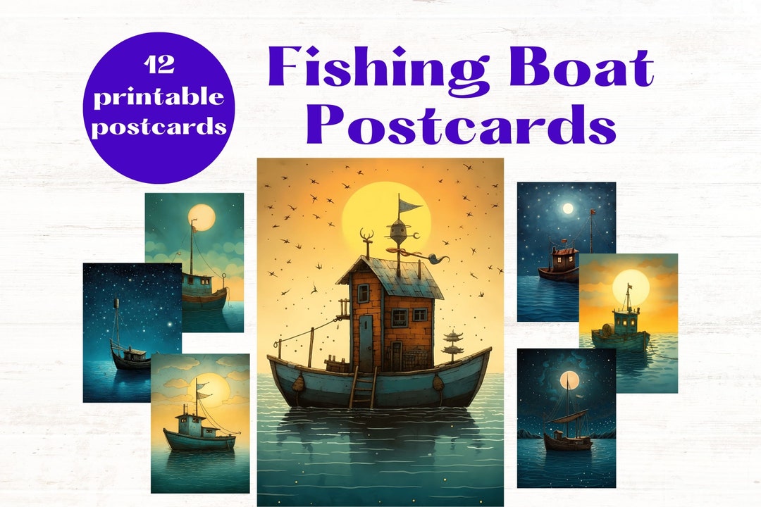 WHIMSICAL FISHING BOATS Postcard Images 5x7 Inches, Printable Postcards ...