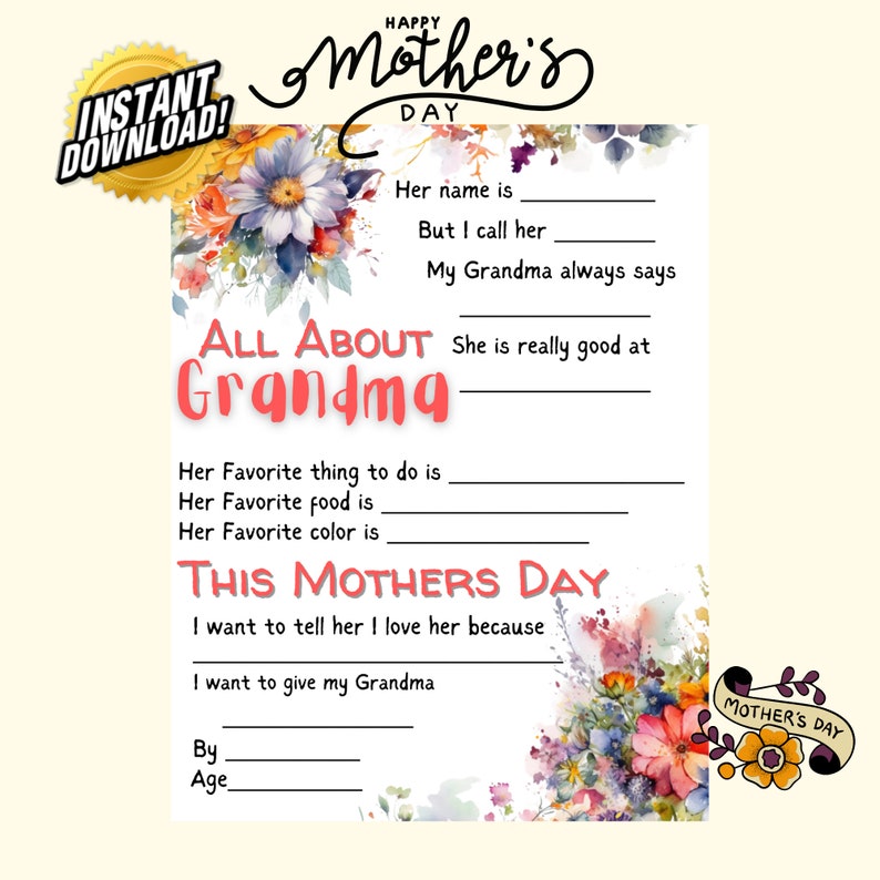 All About Grandma, Mothers Day Gift, Grandma Printable, Mothers Day ...