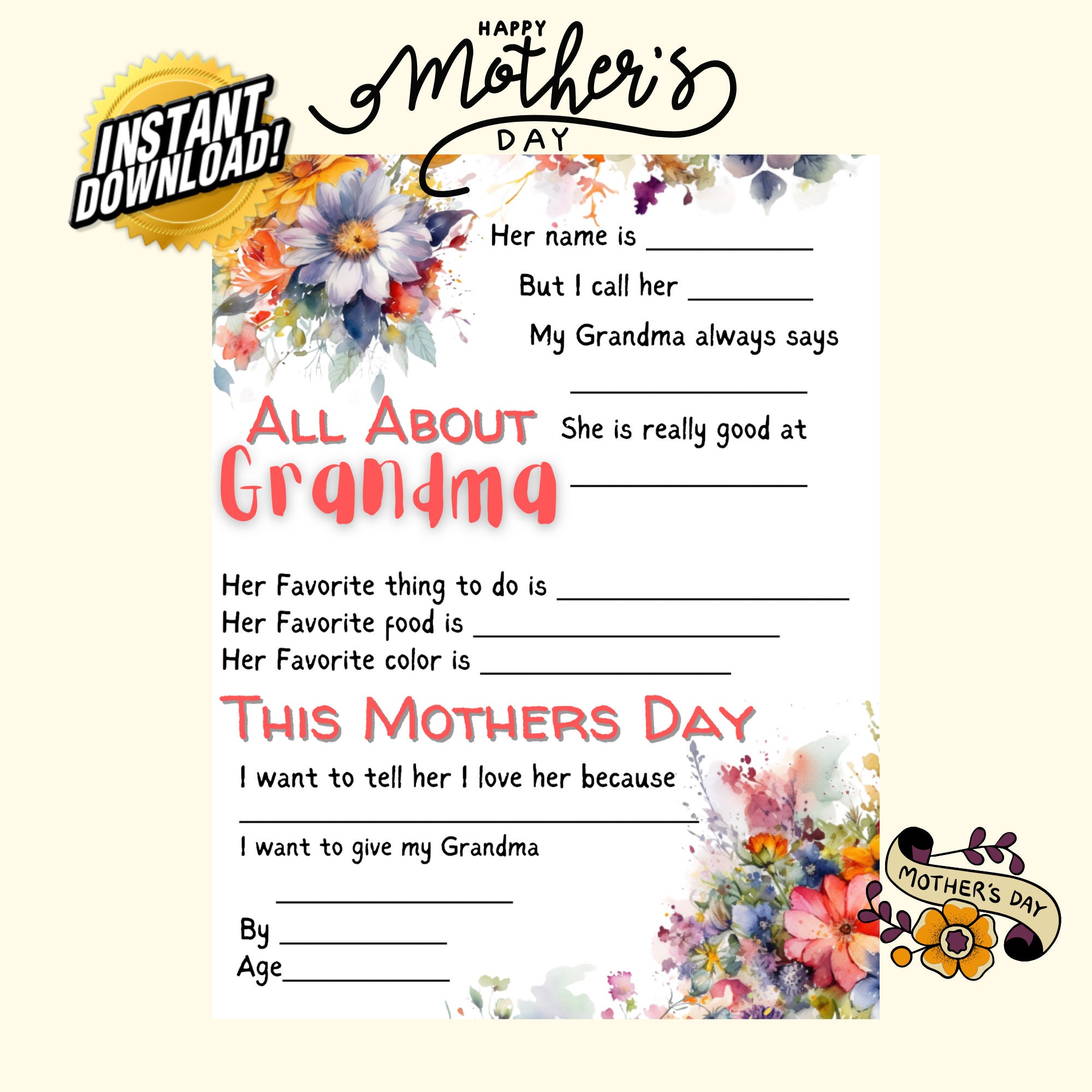 All About Grandma, Mothers Day Gift, Grandma Printable, Mothers Day ...