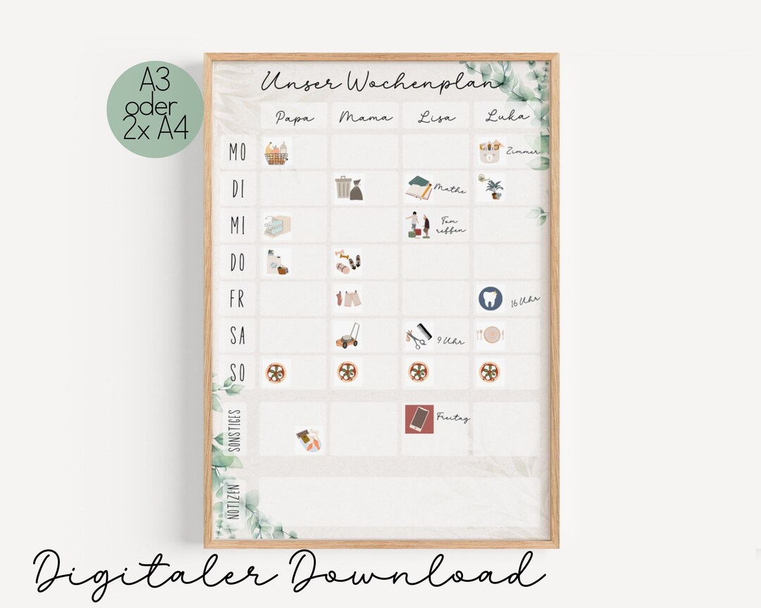 Family Weekly Plan A3/weekly Plan for 4 People/229 Cards/to Print Out ...