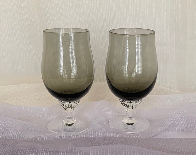 2 Sasaki of Japan Coronation Blown Glass Smoky Gray Stemmed Cordials ...