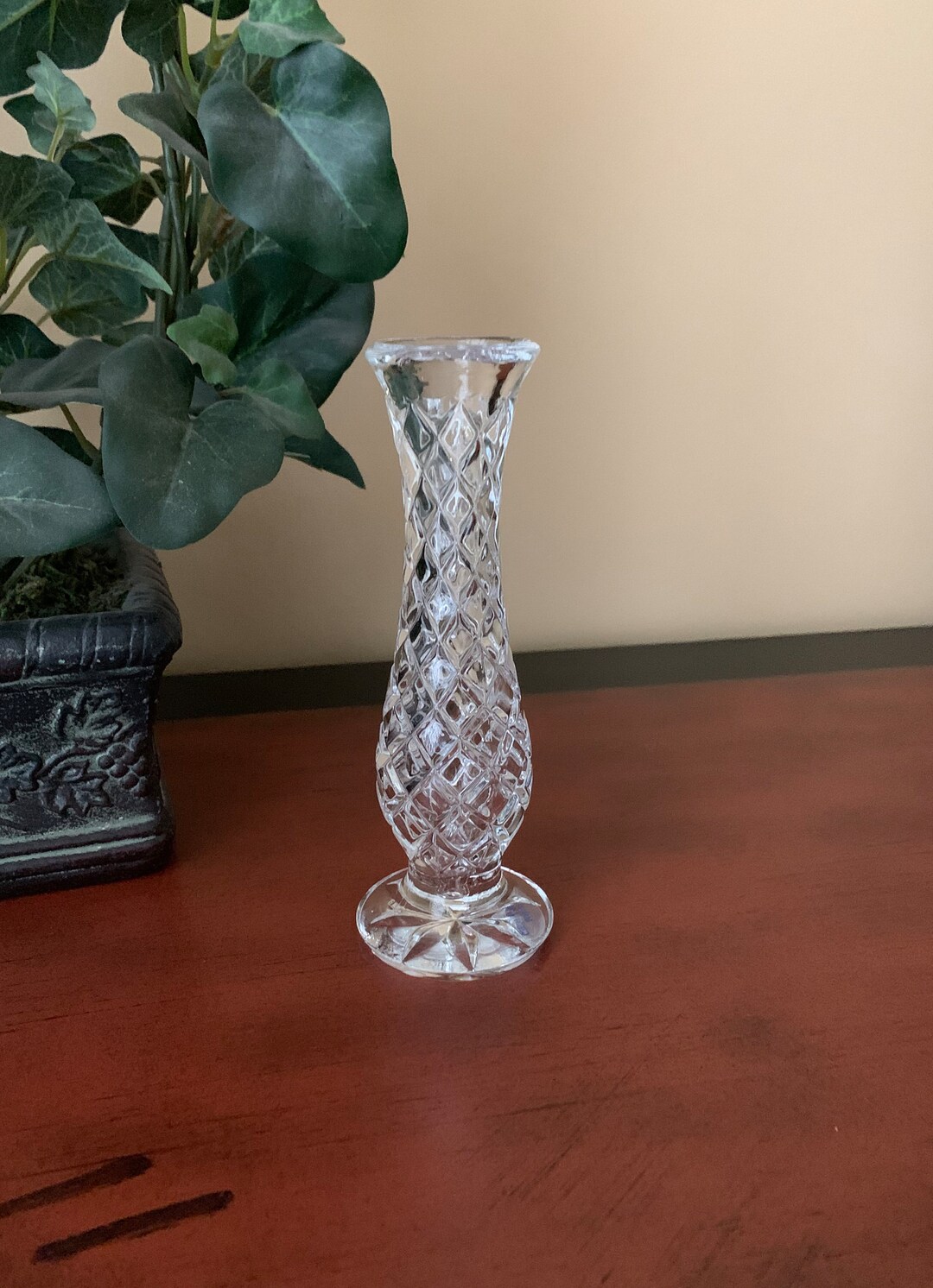 Bohemia Diamond Pattern Cut Glass Footed Vase, Vintage, Made in Czech ...