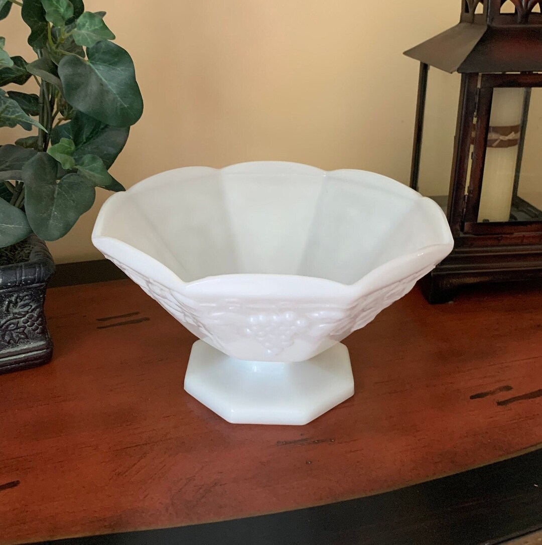 Anchor Hocking Milk Glass Panel Pedestal Bowl With Grapes and Vines ...