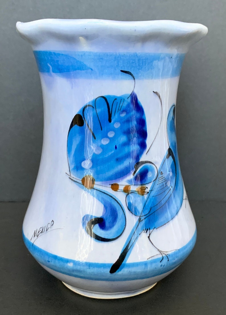 Vintage Tonala Hand Painted Blue Bird Pottery Folk Art Vase, Made in ...