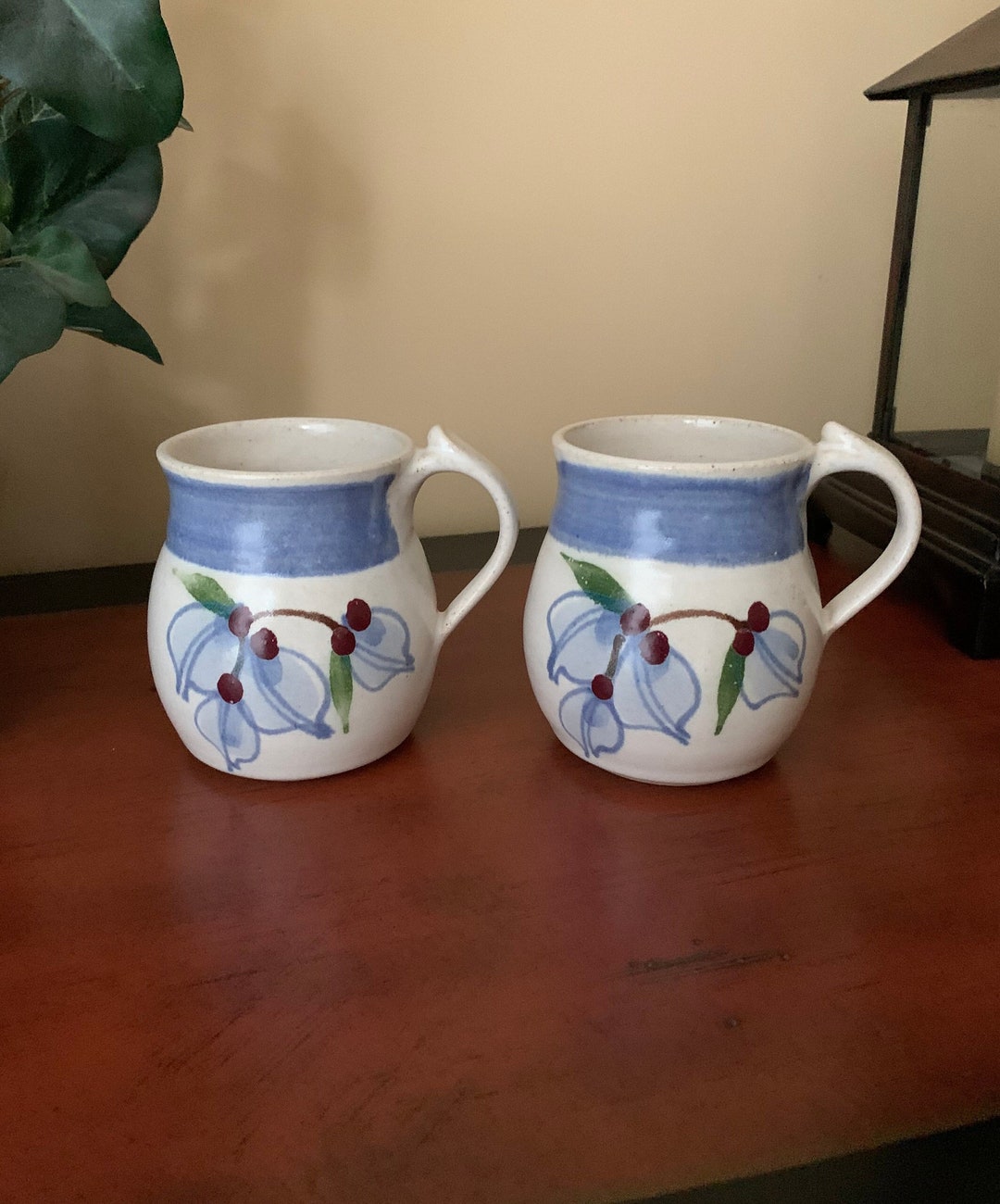 2 Handmade Ceramic Mugs, Hand Thrown Pottery Mugs, Blue Band With Blue ...