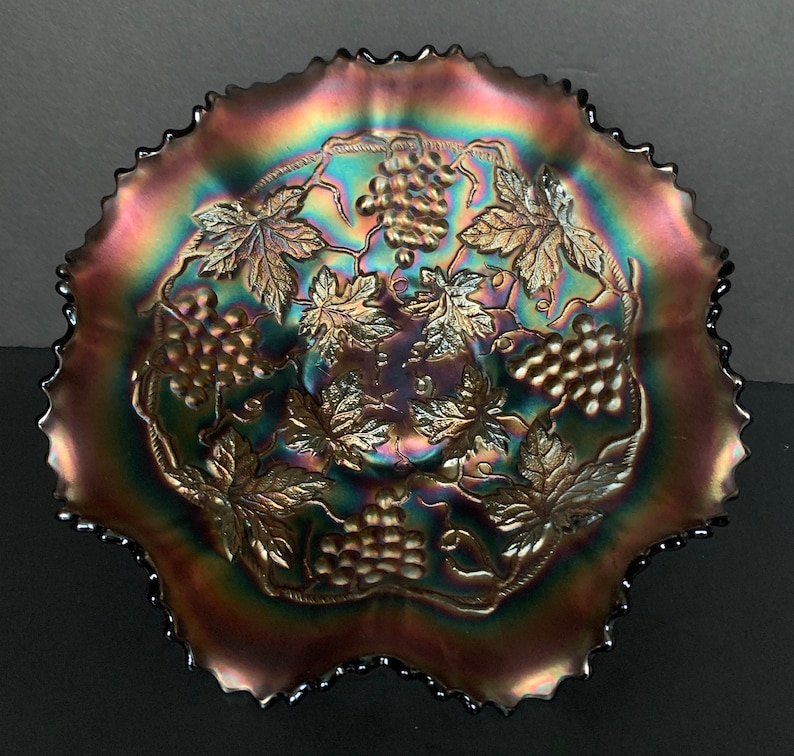 Antique Northwood Carnival Glass Grape and Cable Bowl With Ruffled ...