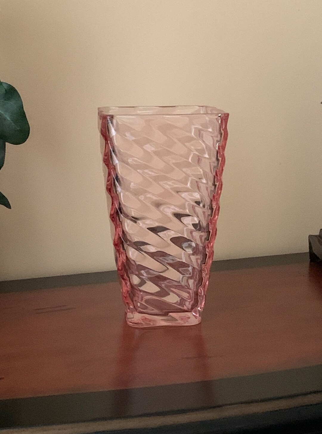 Vintage Pink Diagonal Ribbed Glass Vase, Chevron Pattern, Square, Art ...