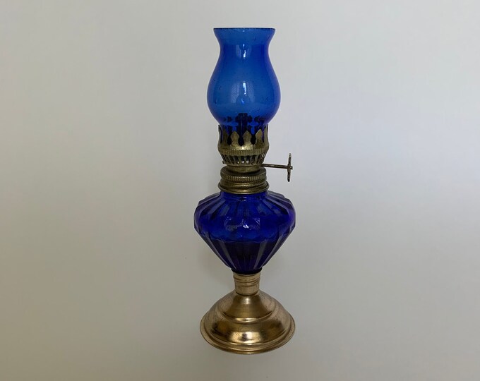 Vintage Cobalt Blue Glass Oil Lamp With Chimney and Brass Base ...
