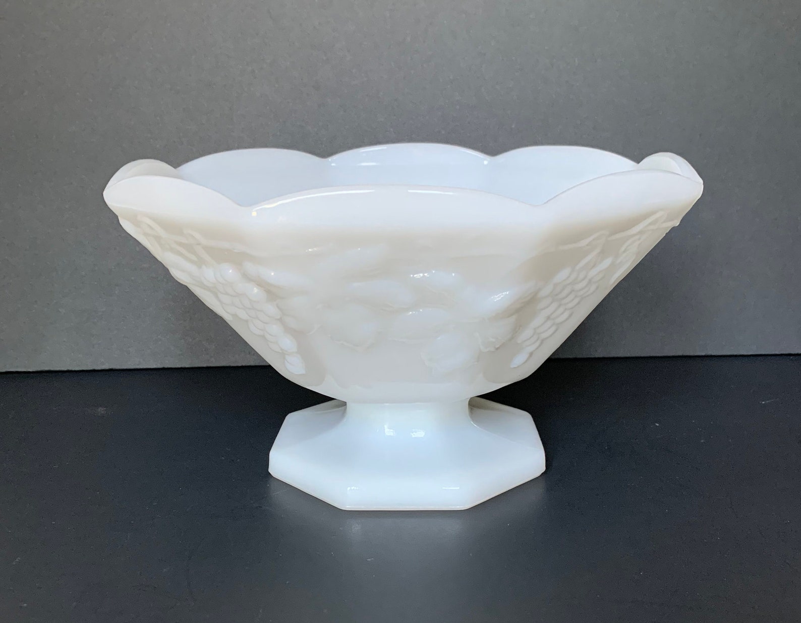 Anchor Hocking Milk Glass Panel Pedestal Bowl With Grapes and Vines ...