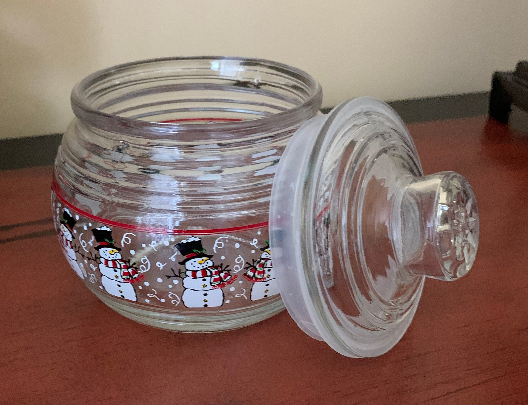 Snowman Glass Jar With Inner Plastic Sealing Starburst Lid, Candy / Nut ...