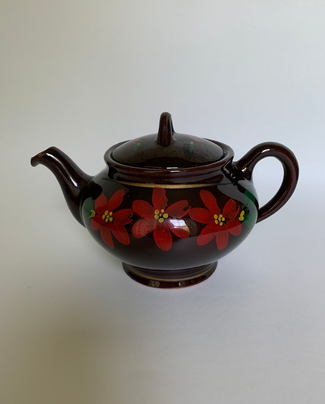 Royal Canadian Art Pottery Dripless Teapot With Red Flowers, Hand ...