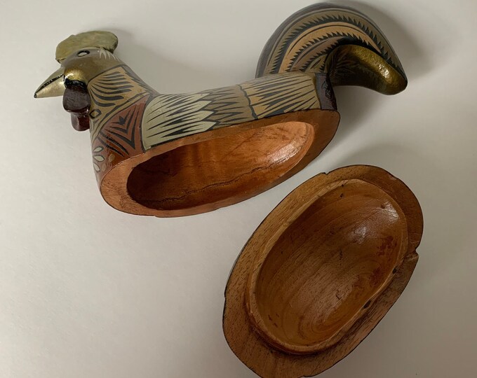 Wooden Rooster / Hen Trinket Box Hand-carved Hand-painted, Mexican Folk ...