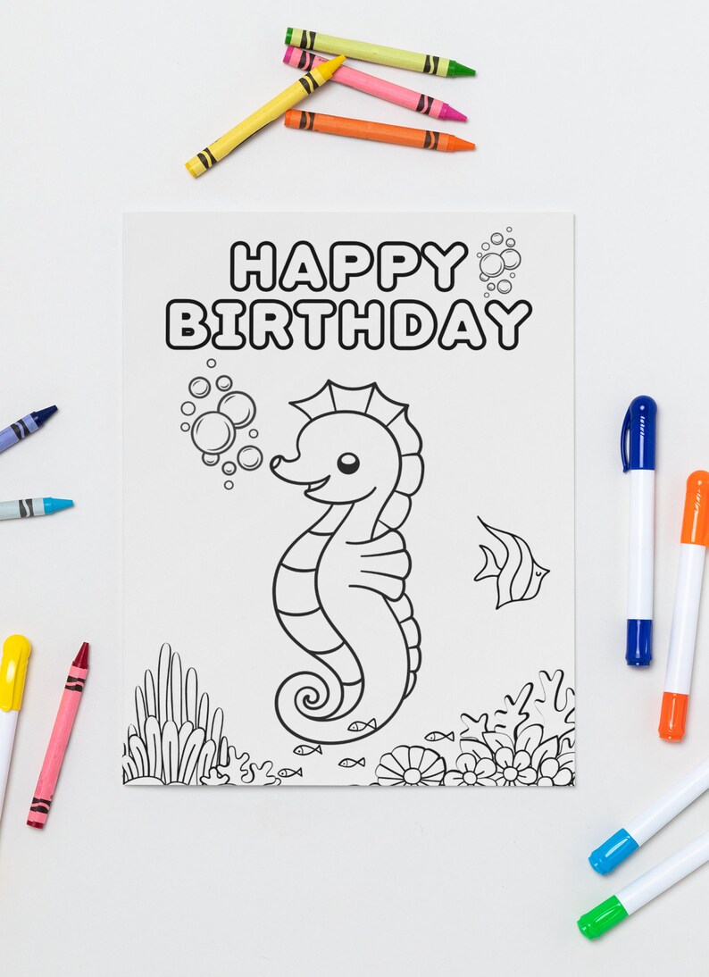 SEAHORSE Coloring Birthday Card PDF & PNG Printable Digital Birthday ...