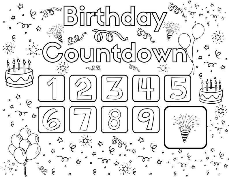 BIRTHDAY COUNTDOWN Coloring Page *PDF_PNG*- Printable - Digital ...