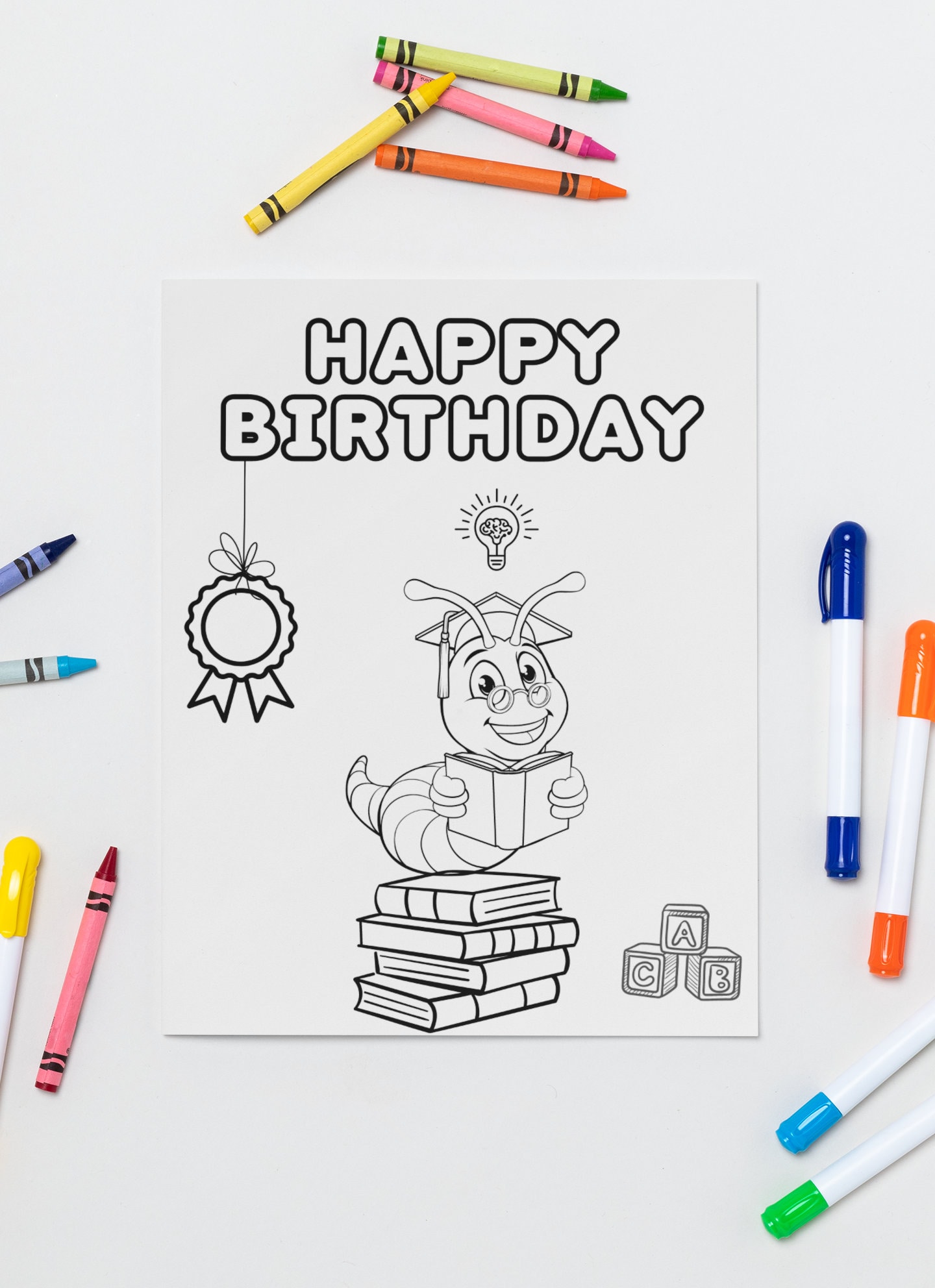 BOOKWORM Coloring Birthday Card - *PDF & PNG*- Printable - Digital ...